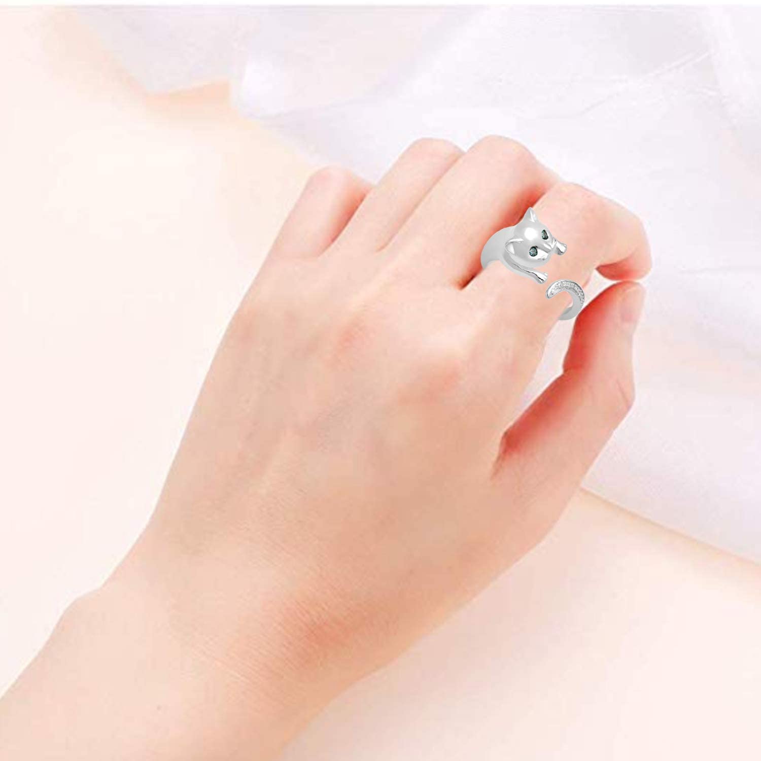 Jewelili Sterling Silver Natural Blue and White Round Diamonds Cat Ring, Size 7