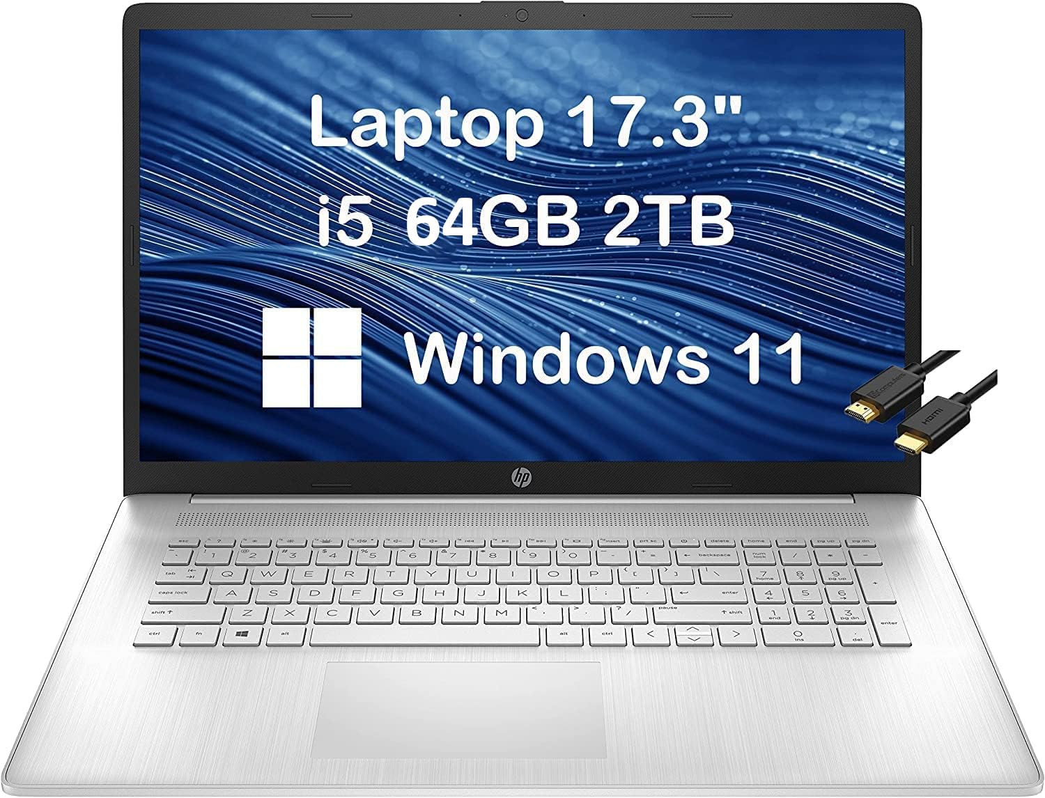 HP 17 Laptop 17.3" HD+ (Intel 4-Core i5-1135G7 (Beat i7-10510U), 64GB RAM, 2TB SSD, UHD Graphics) Home & Business Laptop, Long Battery Life, Anti-Glare, Webcam, Type-C, IST Cable, Win 11 Home, Silver