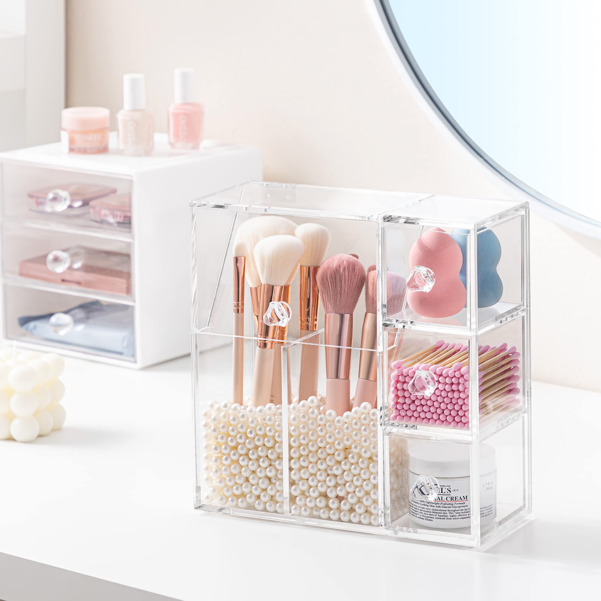 HBlife Makeup Brush Holder, Acrylic Makeup Organizer with 2 Brush Holders and 3 Drawers Dustproof Box, Free Beige Pearl Included