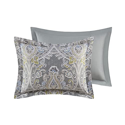 Harbor House Cozy Cotton Comforter Set - Classic Modern Design, All Season Down Alternative Casual Bedding, Matching Shams, Hallie, Damask Grey King(110"x96") 6 Piece