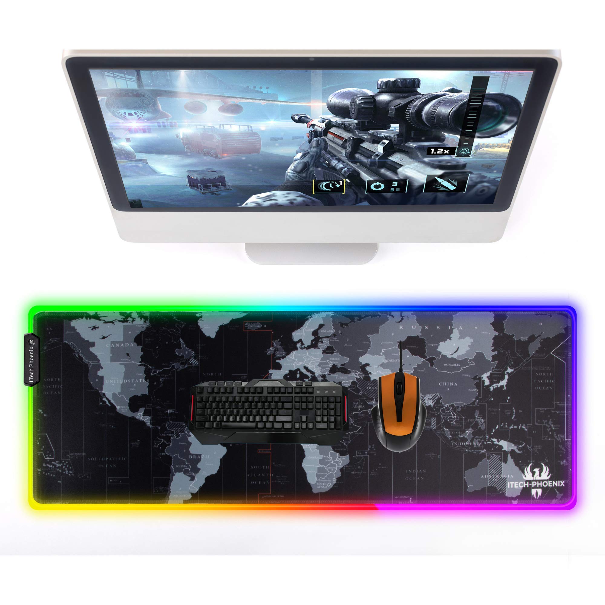 LED World Map Gaming Mouse Pad|Extended RGB Gaming Mouse Mat|LED Animated Mouse Pad w/Waterproof Surface-Anti-Slip Base-10 Colors& 4 Modes-31.5x11.8X 0.16(World Map)