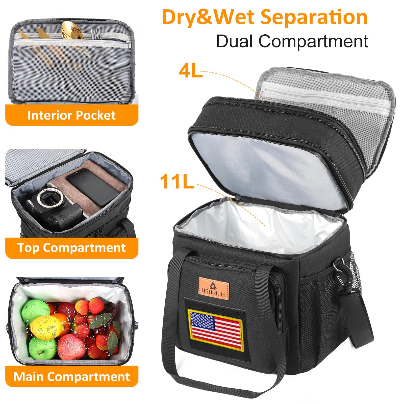 HSHRISH Expandable Tactical Lunch Box, Double Deck Large Insulated Lunch Bag for Men, Durable Leakproof Cooler Bag for Adult Work Shift Outdoor Trips, 20 Can/16 L, Black