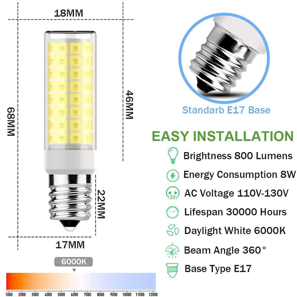 KLENTLY E17 LED Bulbs Daylight White 6000K Microwave Oven Bulb T7 Intermediate Base 8W (80W Halogen Bulb Equivalent)Repalcement 8206232A,for Microwave Oven,Stovetop Light,AC120V Appliance Bulbs,2-Pack