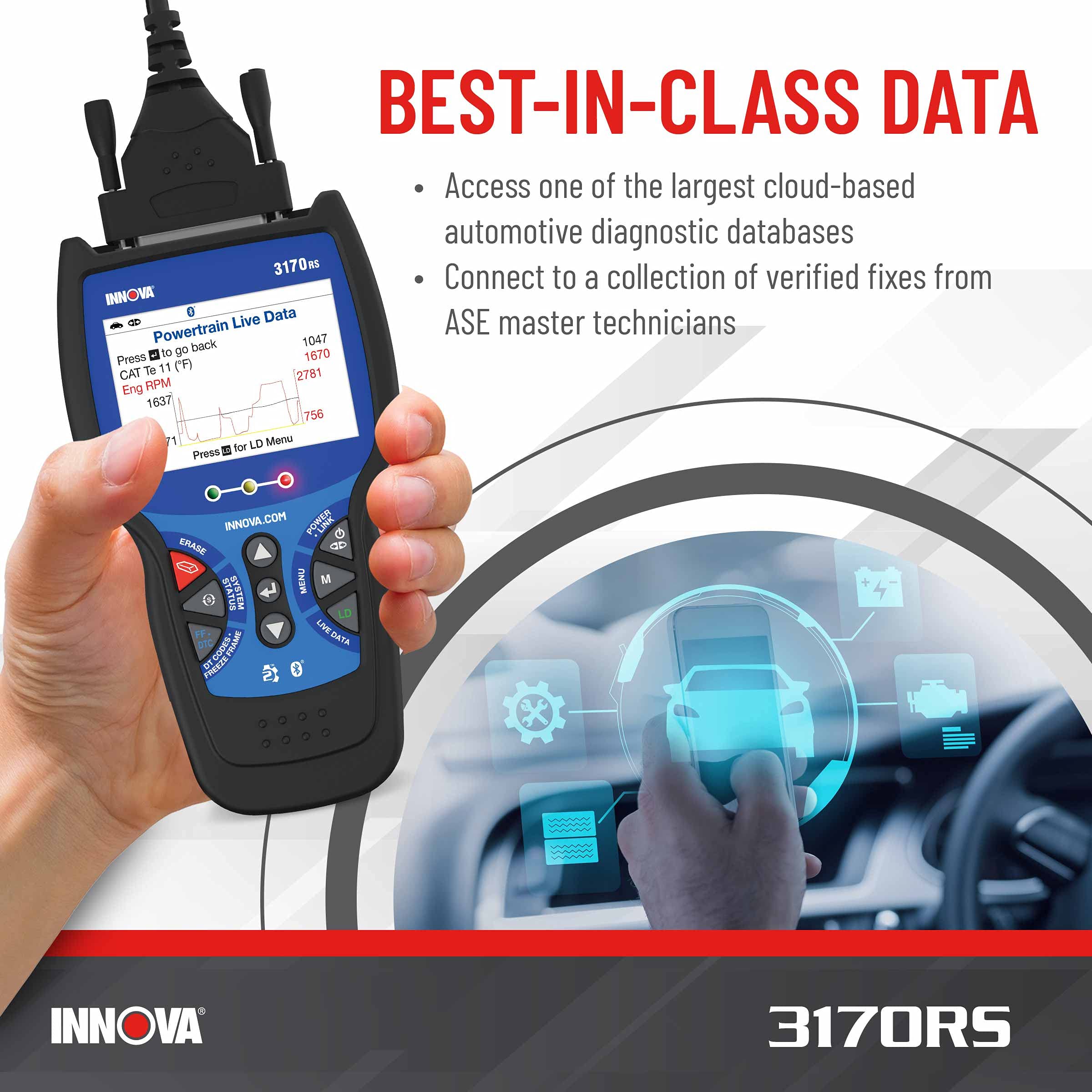 INNOVA 3170RS OBD1 & OBD2 Scanner, ABS Bleeder Scan Tool, OBD2 Diagnostic, Caliper Service, Brake Pad Life, Read/Erase ABS/SRS Codes, Reset Oil Light, Live Data, Free Updates