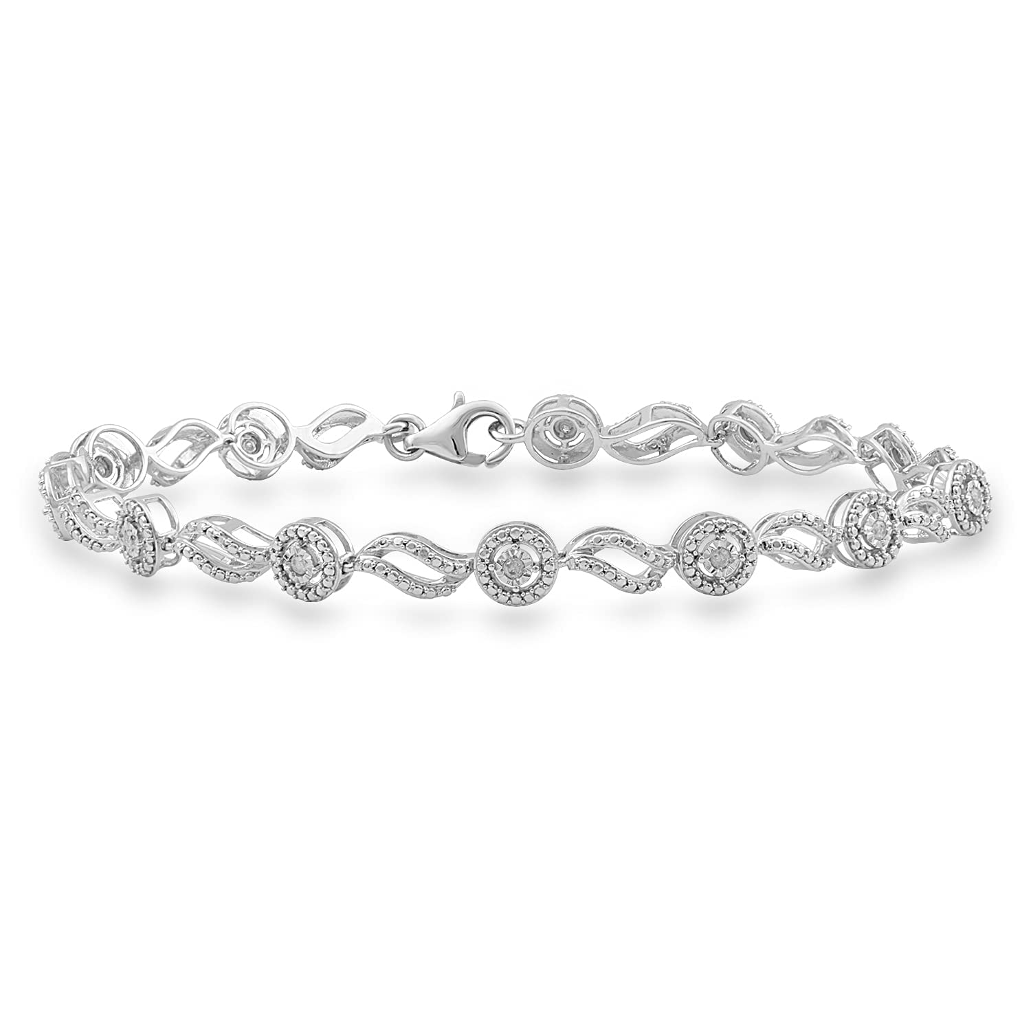 Jewelili Sterling Silver 1/4 Cttw Natural White Round Diamonds Link Bracelet 7.5"