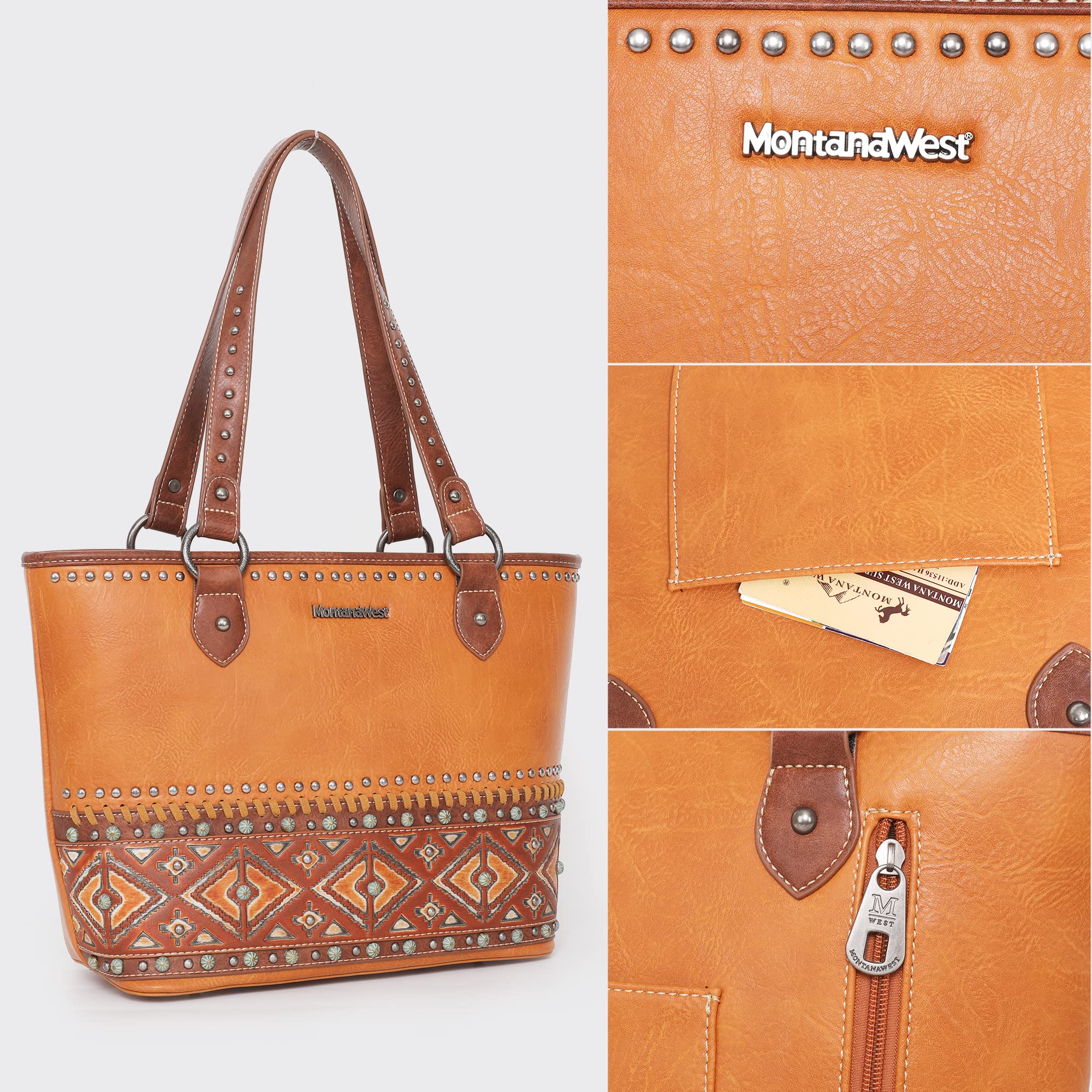 Montana West Western Tote Bag for Women Big Purses Shoulder Handbag Leather Purses with Wallet Aztec Tooled Collection MW1066G-8317BR+W