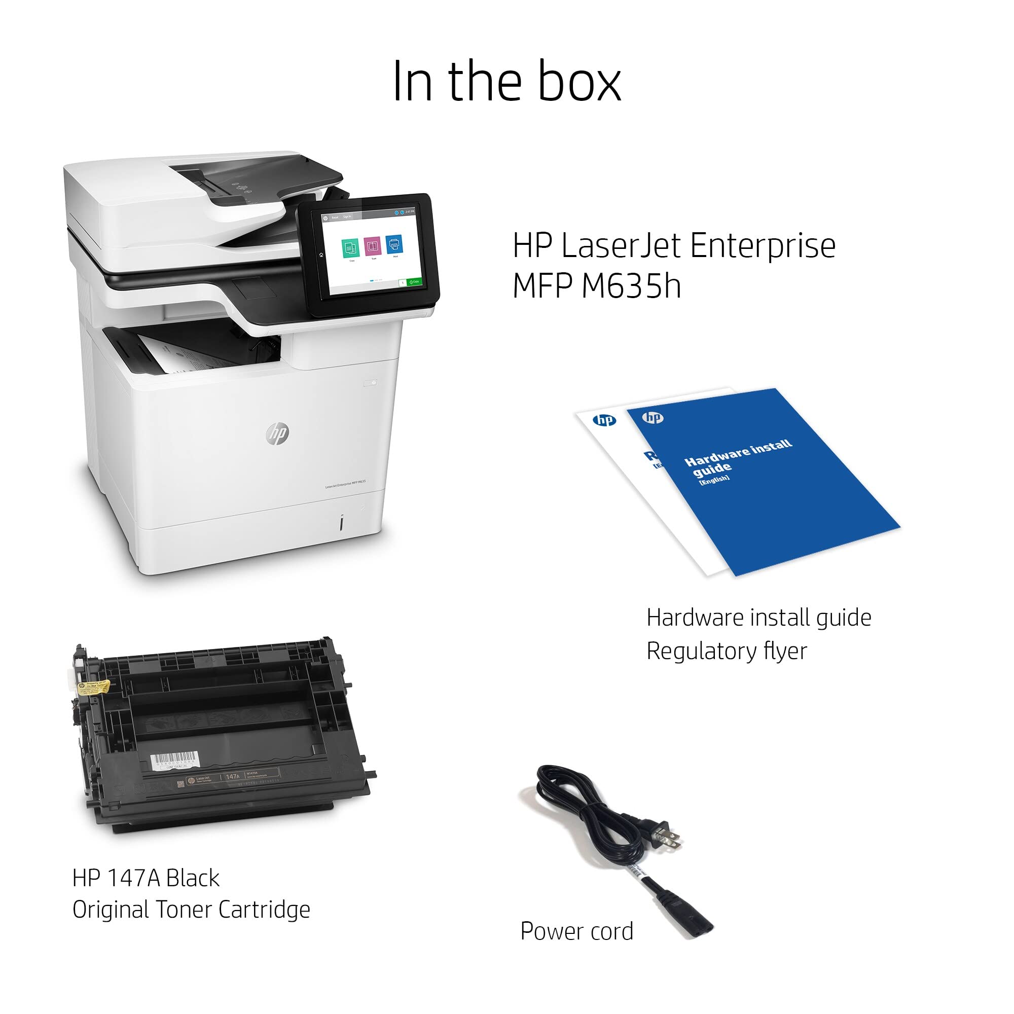 HP LaserJet Enterprise MFP M635h All-In-One Wireless Monochrome Laser Printer - Print Scan Copy Fax - 65 ppm, 1200 dpi, 8" Display, Auto Duplex Printing, 150-sheet ADF, Ethernet, Cbmou External Webcam