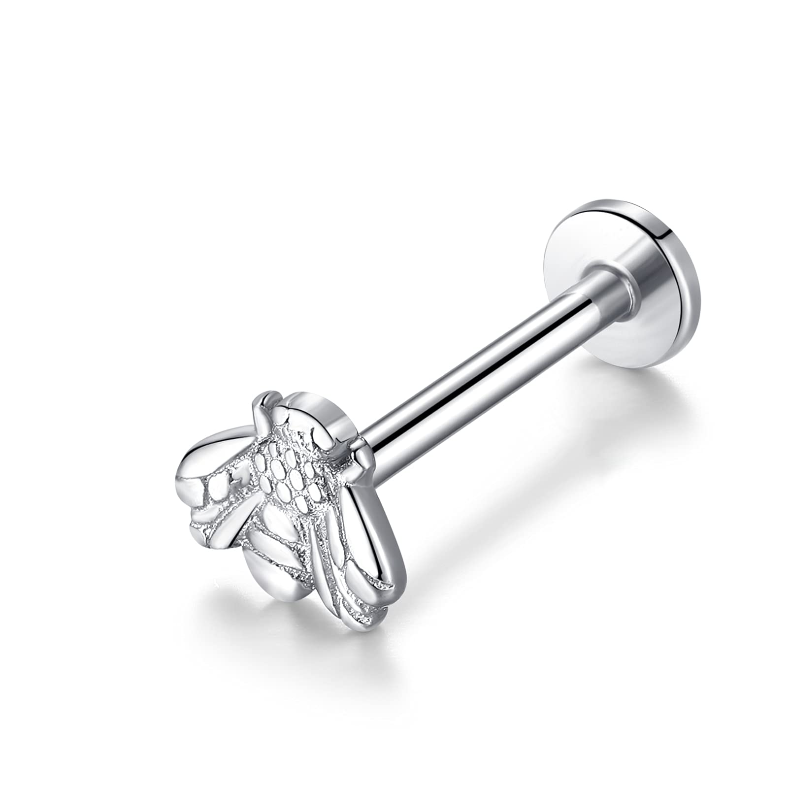JINSAWW 16G Bee Internally Threaded Labret Stud Stainless Steel Ear Cartilage Helix Tragus Conch Flat Back Piercing Stud Body Jewelery