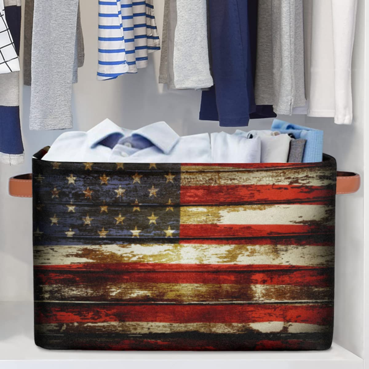 KOBLEN 4th Of July American Flag Wooden Storage Basket Collapsible Storage Cube Box Fabric Toys Storage Bins Large Organizer with Handles for Shelf Closet Bedroom Home Office