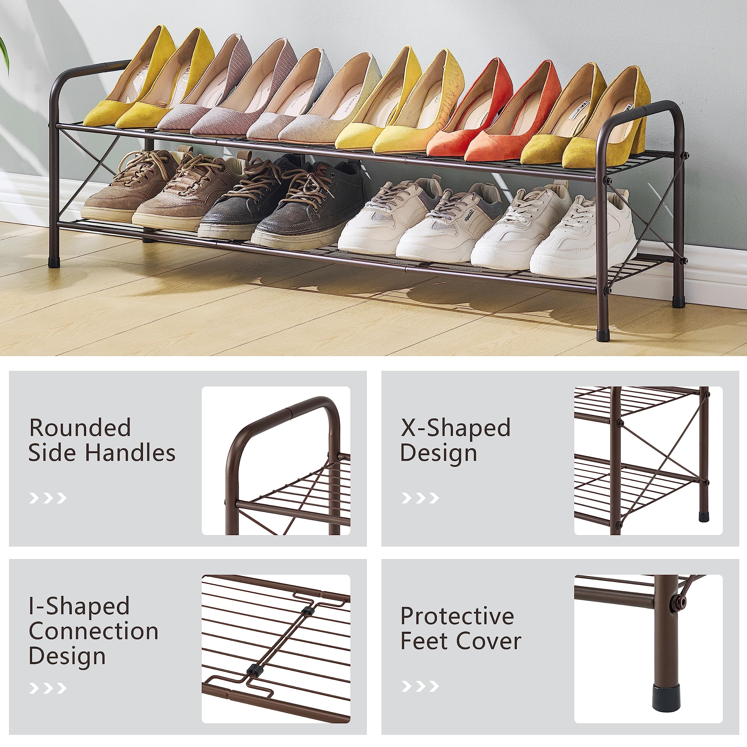 Hoctieon 2 Tier Shoe Rack for Closet, Shoe Rack FreeStanding, Entryway Shoe Shelf, Shoe Storage Organizer, Durable Mesh Style Shoe Rack, Brown