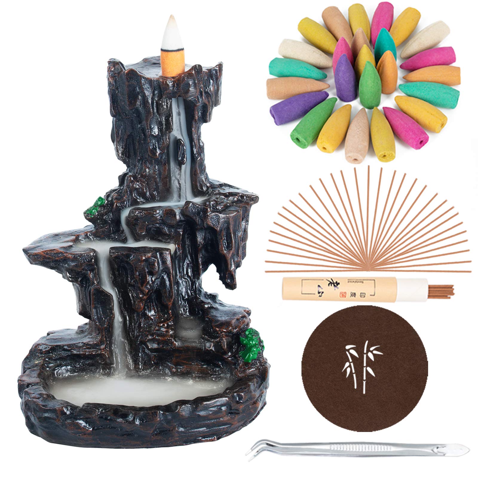 Incense Waterfall Burner Backflow Mountain River Incense Holder by DAILYLIFE, Home Decor Aromatherapy Ornament with 120 Upgraded Backflow Incense Cones + 30 Incense Sticks + 1 Cushion + 1 Tweezers