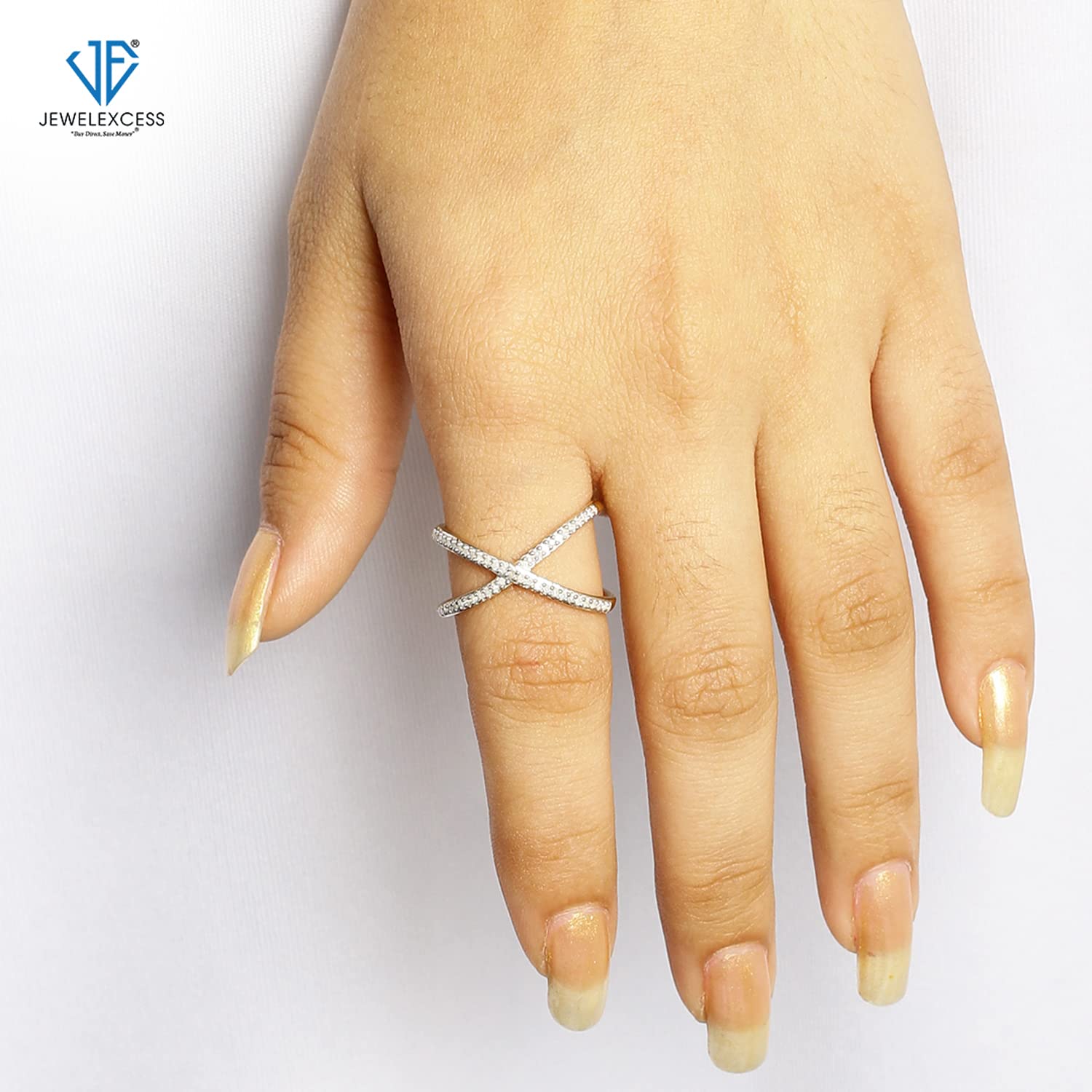 JEWELEXCESS 14K Gold over Silver Criss Cross Ring β 1/7 Carat White Diamond Ring with 14K Gold over Silver X Ring β Real Diamond Criss Cross Ring with Hypoallergenic Gold Plating Ring Band