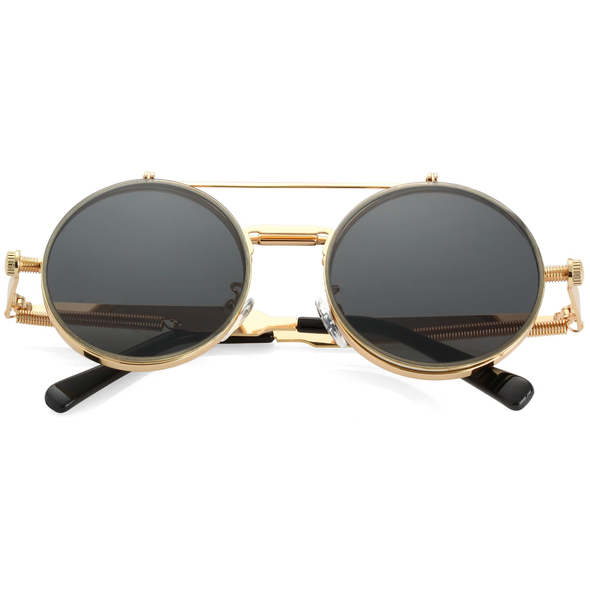Kursan Vintage Round Flip Up Sunglasses for Women Men Hippie Style Circle Sun Glasses (Gold/Black)