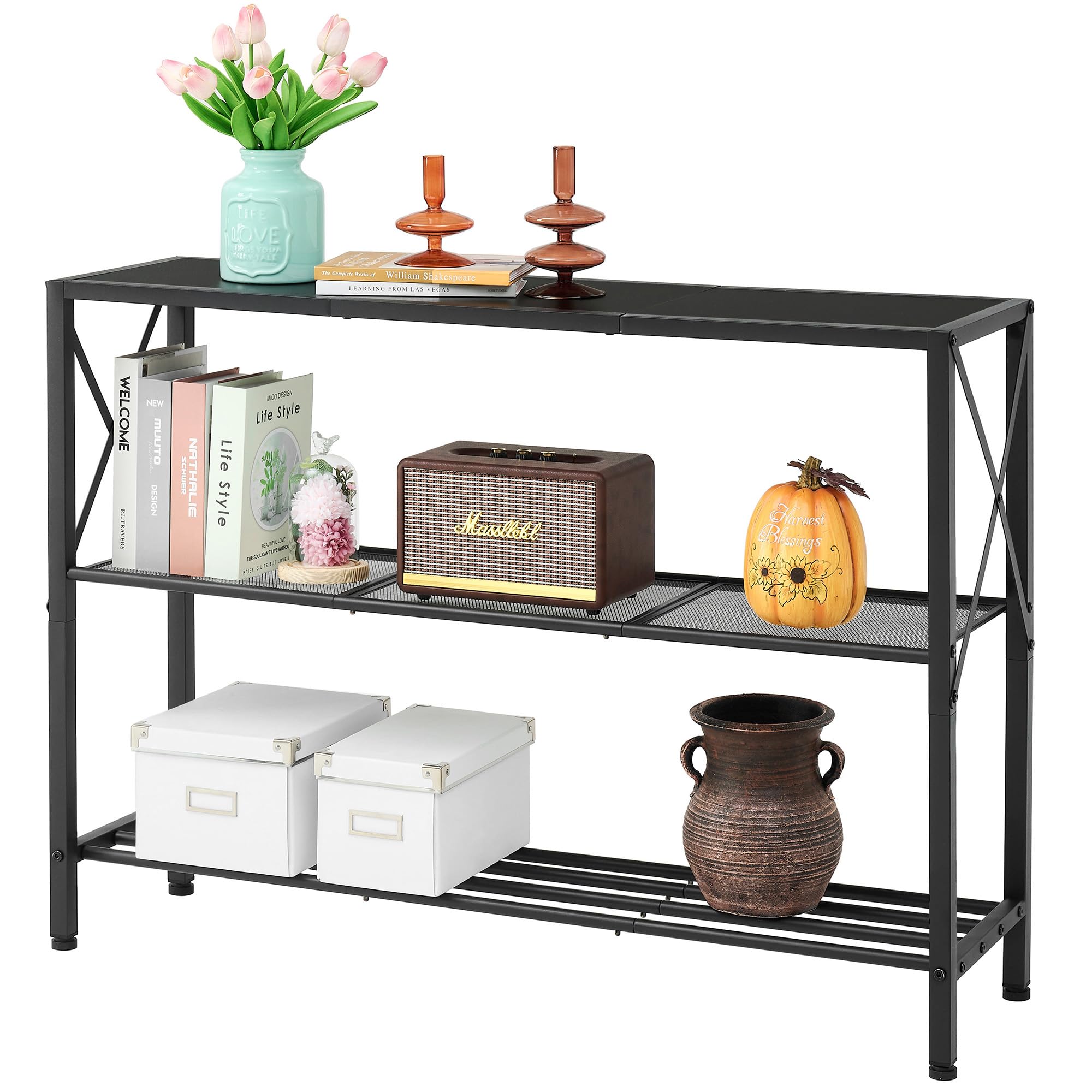 Hoctieon Gold Console Table, 3 Tier Entryway Table, Hallway Table, Narrow Sofa Table with Shelves, Entrance Table for Entryway, Gold and White
