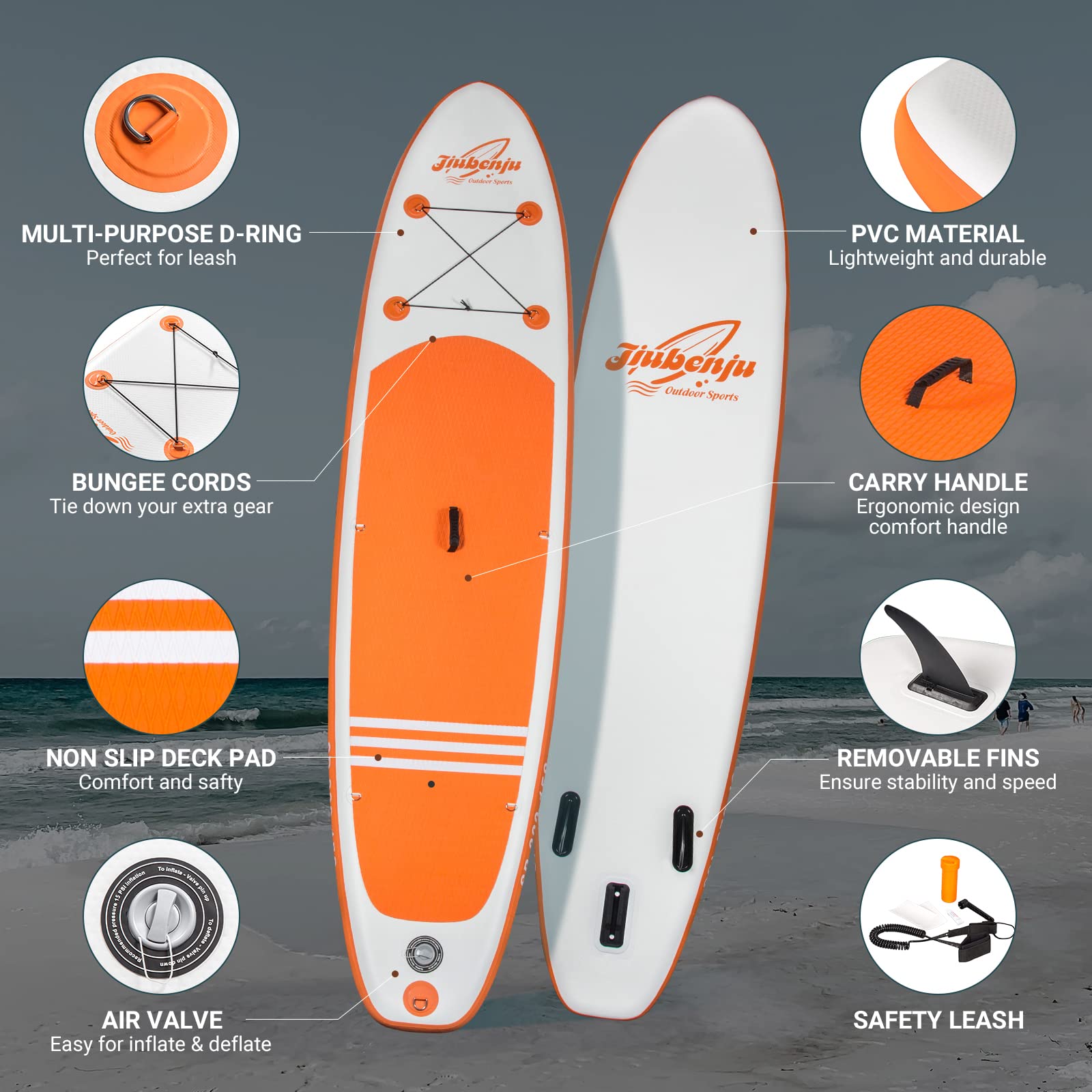 Jiubenju Inflatable Stand Up Paddle Board 10'6"x30"x6" SUP Accessories & Backpack Wide Stance Surf Control Non-Slip Leash Paddle Waterproof Backpack Kayak Seat Hand Pump for Youth & Adult