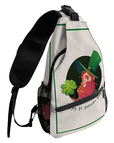 Sling Backpack, St.Patrick's Day Shamrocks Gnome Black Green Border Linen Waterproof Lightweight Small Sling Bag, Travel Chest Bag Crossbody Shoulder Bag Hiking Daypack for Women Men