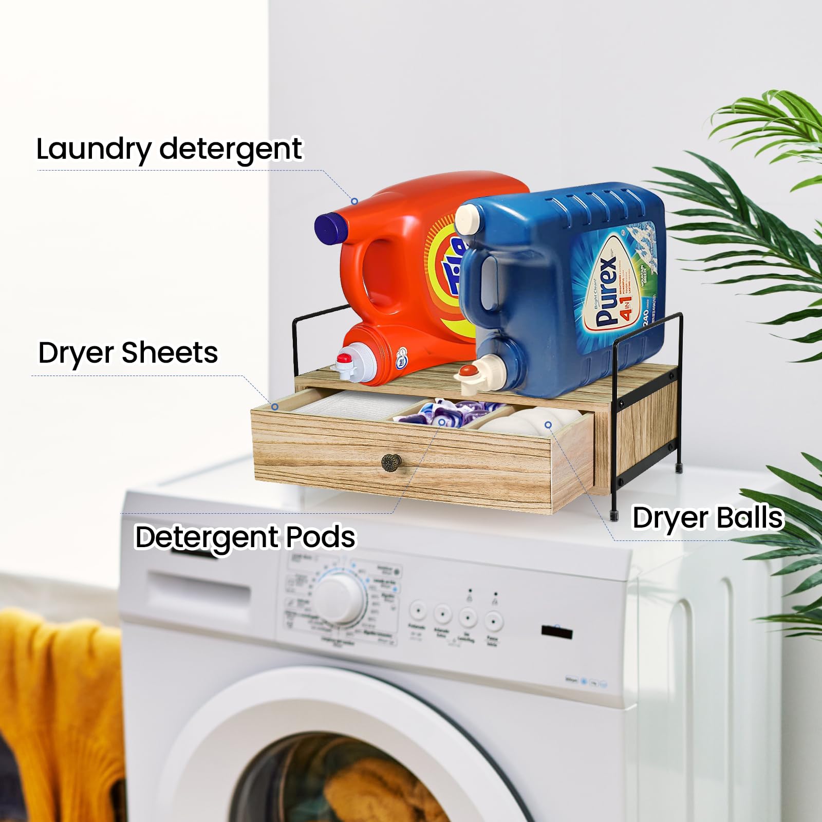Wooden Detergent Holder for Laundry Room Organizer, Shelf Organizer for Liquid Laundry Detergent, Laundry Detergent Holder with Drawer for Dry Sheets, Dry Balls, Pods, Clips, Laundry Room Decor