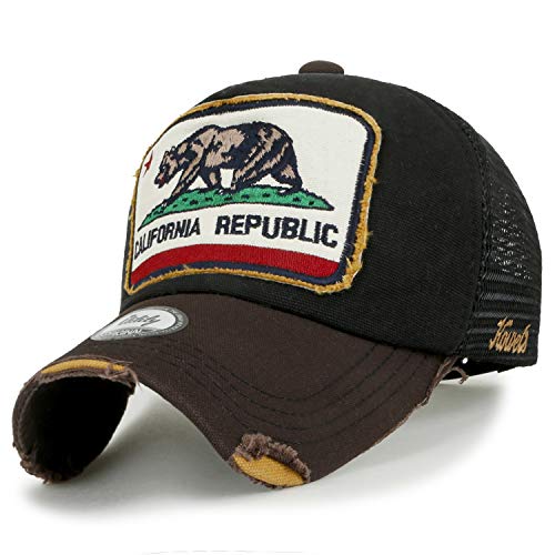 ililily Illustration Patch Distressed Cotton Baseball Cap Vintage Trucker Hat, Black Mesh