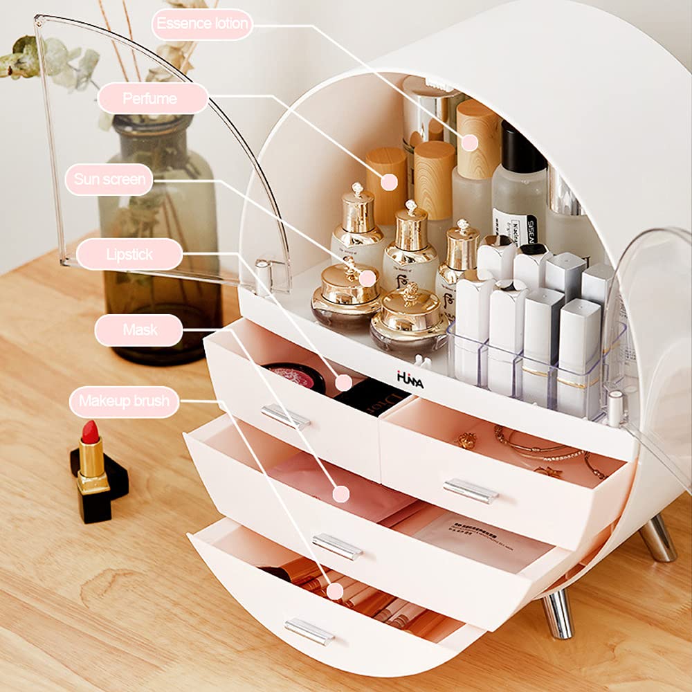 Ihuiniya STORi Makeup Storage Organizer Box，Cosmetics storage display rack with drawer，Waterproof, dustproof, elegant display cabinet，Suitable for bathroom countertop, bedroom dresser (Large Gray)