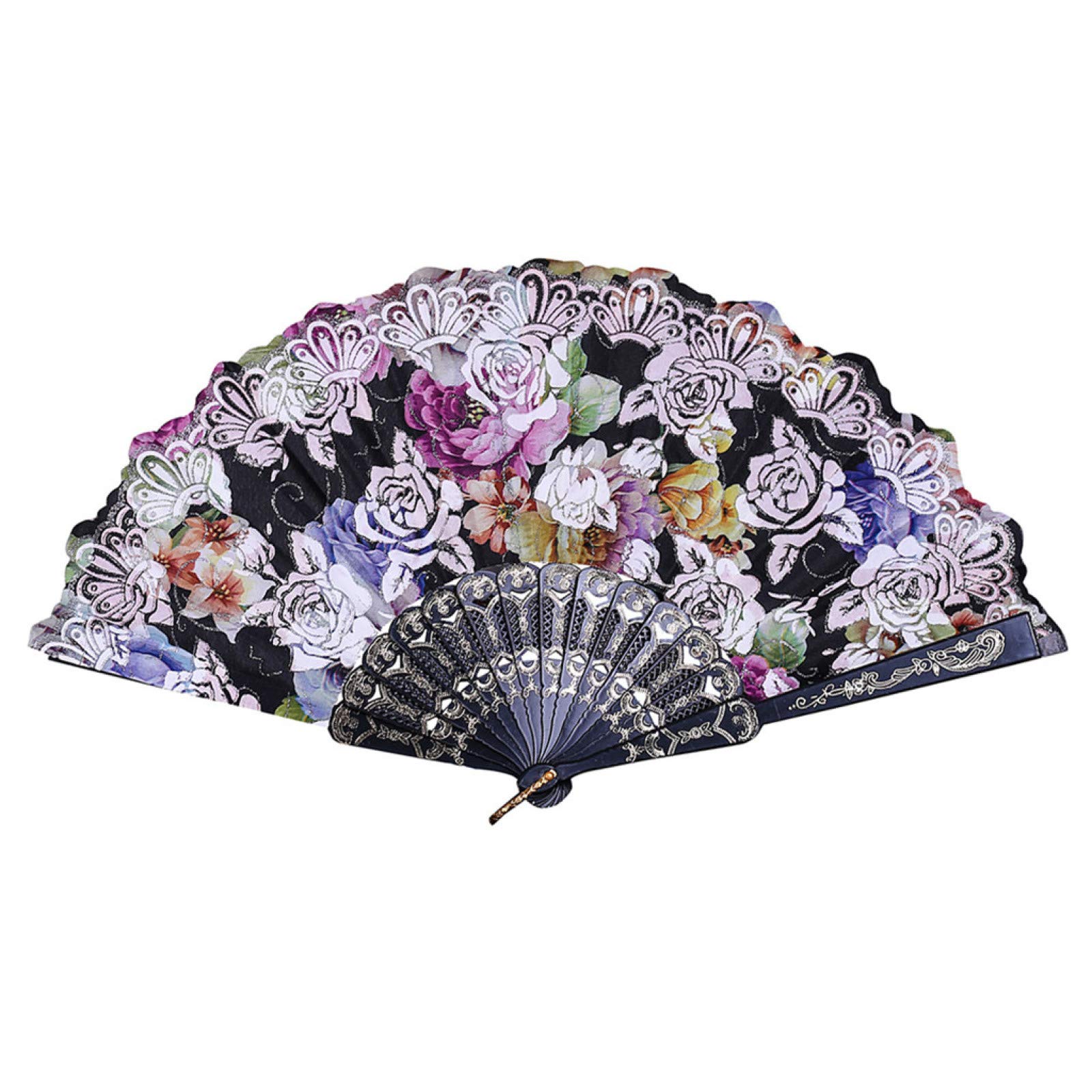 IADZ Folding Fan,Pattern Hand Fan Silk Bamboo Folding Hand Folded for Church Wedding Dance Party Colorful Lace Silk Folding Handmade
