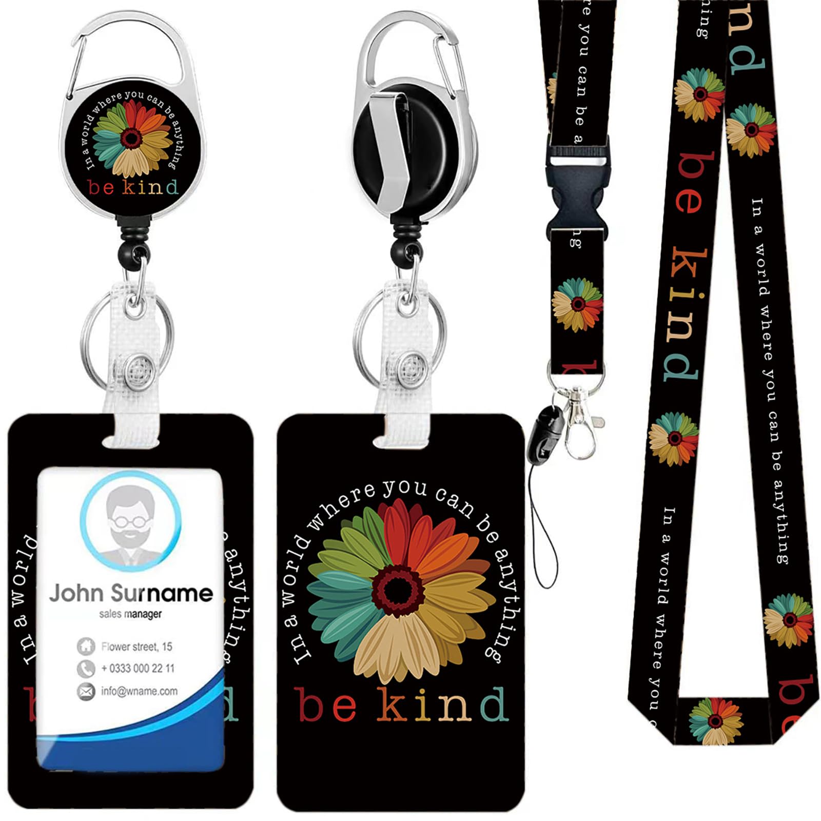 Id Badge Holder with Breakaway Lanyard, Positive Badge Holder with Reel Retractable Detachable Name Card Tag Vertical ID Protector Badge Reel for Nurse Doctor Office Employees Women (Be Kind)