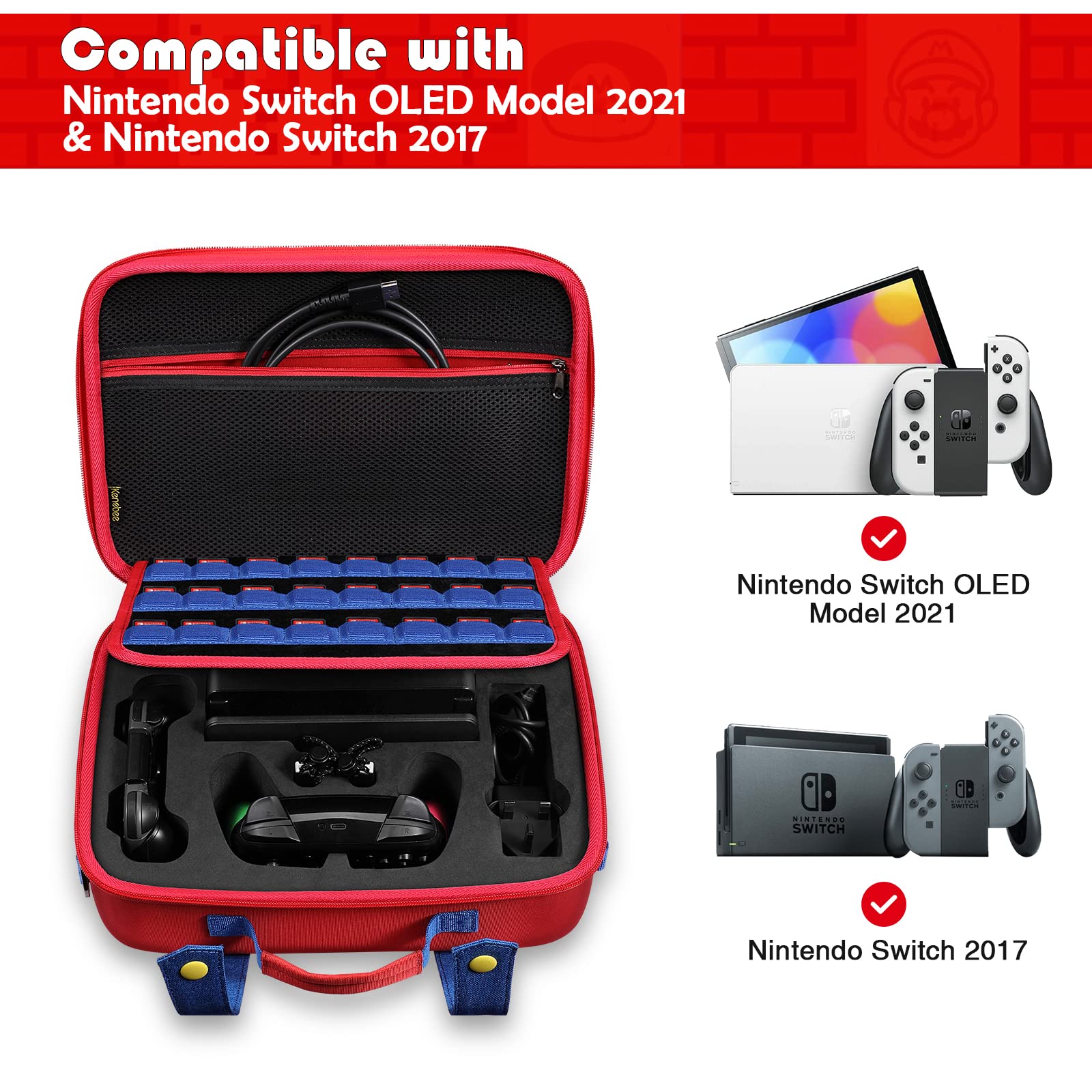 KENOBEE Carrying Case for Nintendo Switch OLED Model 2021 / Nintendo Switch, Portable Large Capacity Hardshell Travel Storage Pouch Messenger Bag for Switch Console & Dock, Pro Controller, Accessories