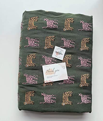 Tiger Embroiderd Linen Cotton Fabric,Green Embroidered Fabric,Designer Fabric,Quilting Fabric,Fabric by Yard,Thick Fabric,Linen Fabric
