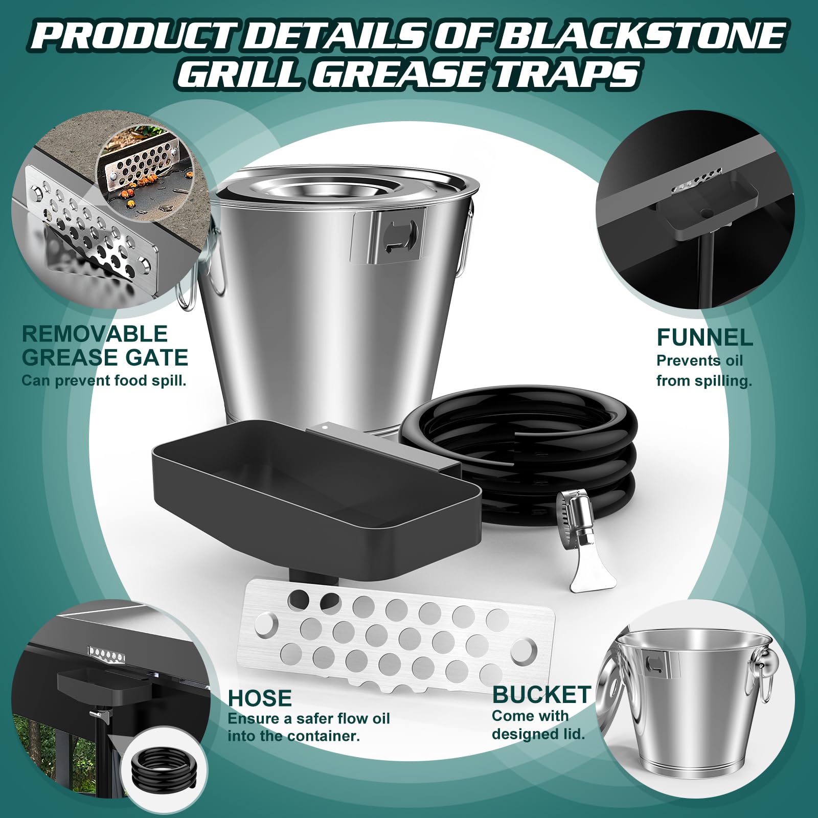 Upgraded Rear Grease Drainage Funnel for Blackstone Grease Catcher,Grease Bucket W/Lid,Innovative Blackstone Grease Trap with Separated Stainless Grease Gate,Blackstone Griddle Accessories