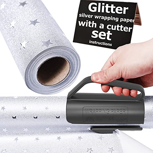 THMORT Glitter Wrapping Paper Roll with a Cutter Kit for Boys&Girls,Kids Babie Adults.17 Inch X 33 Feet Jumbo Rolls Glitter Princess Silver Stars Gift Birthday Wrapping Paper Roll for Baby Shower.