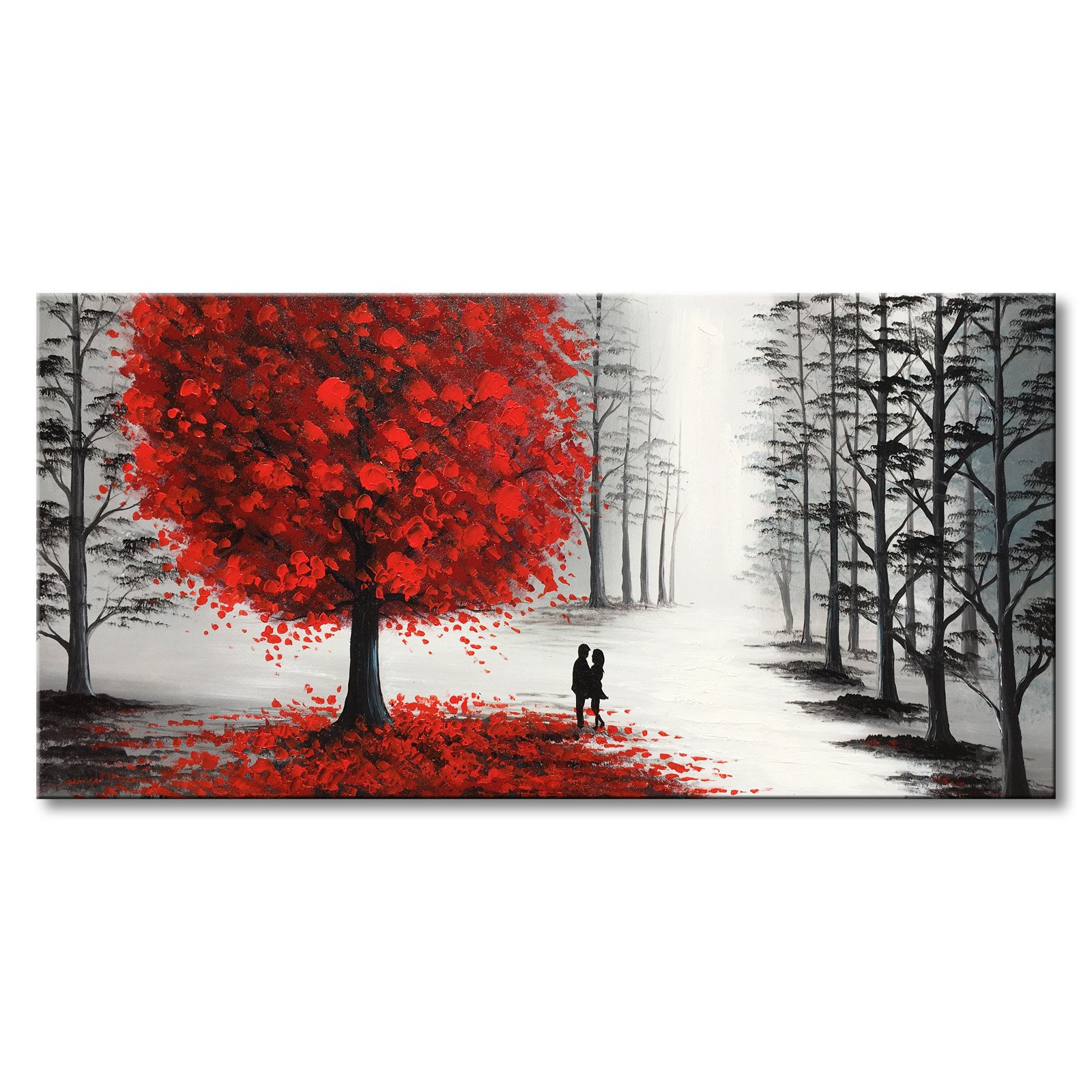Hand Painted Oil Painting Black and White Landscape Canvas Wall Art with Red Tree for Living Room
