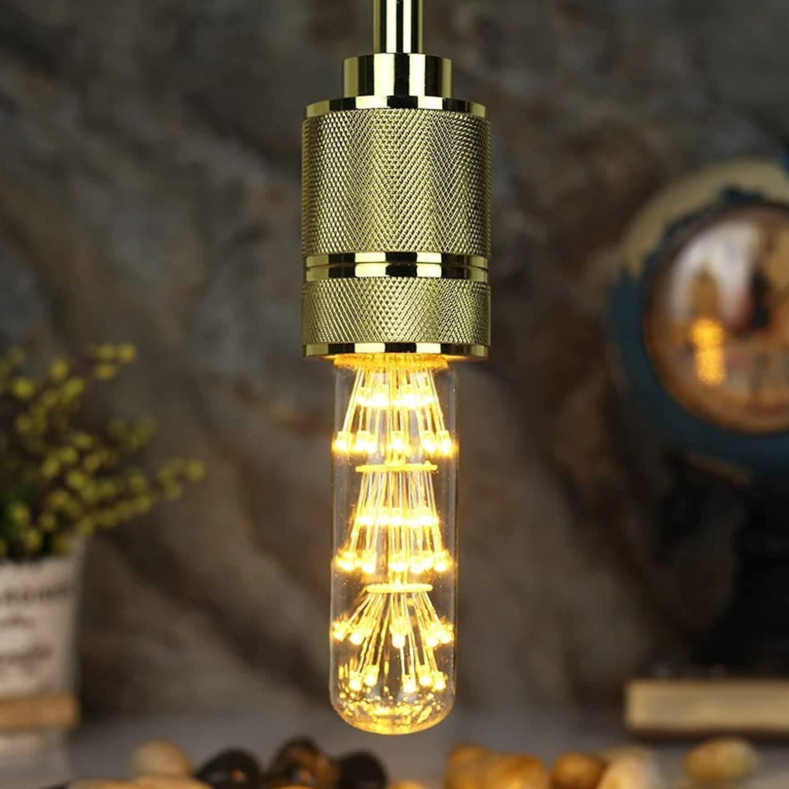 keymit T10 LED Bulb Amber, Decorative Light Bulbs, Firework LED Bulb, Fully Dimmable E26 Base Edison Bulb for Lamp, String Lights, 3W 300LM, Tubular Long Bulb, Amazing Star Glow 3Pack