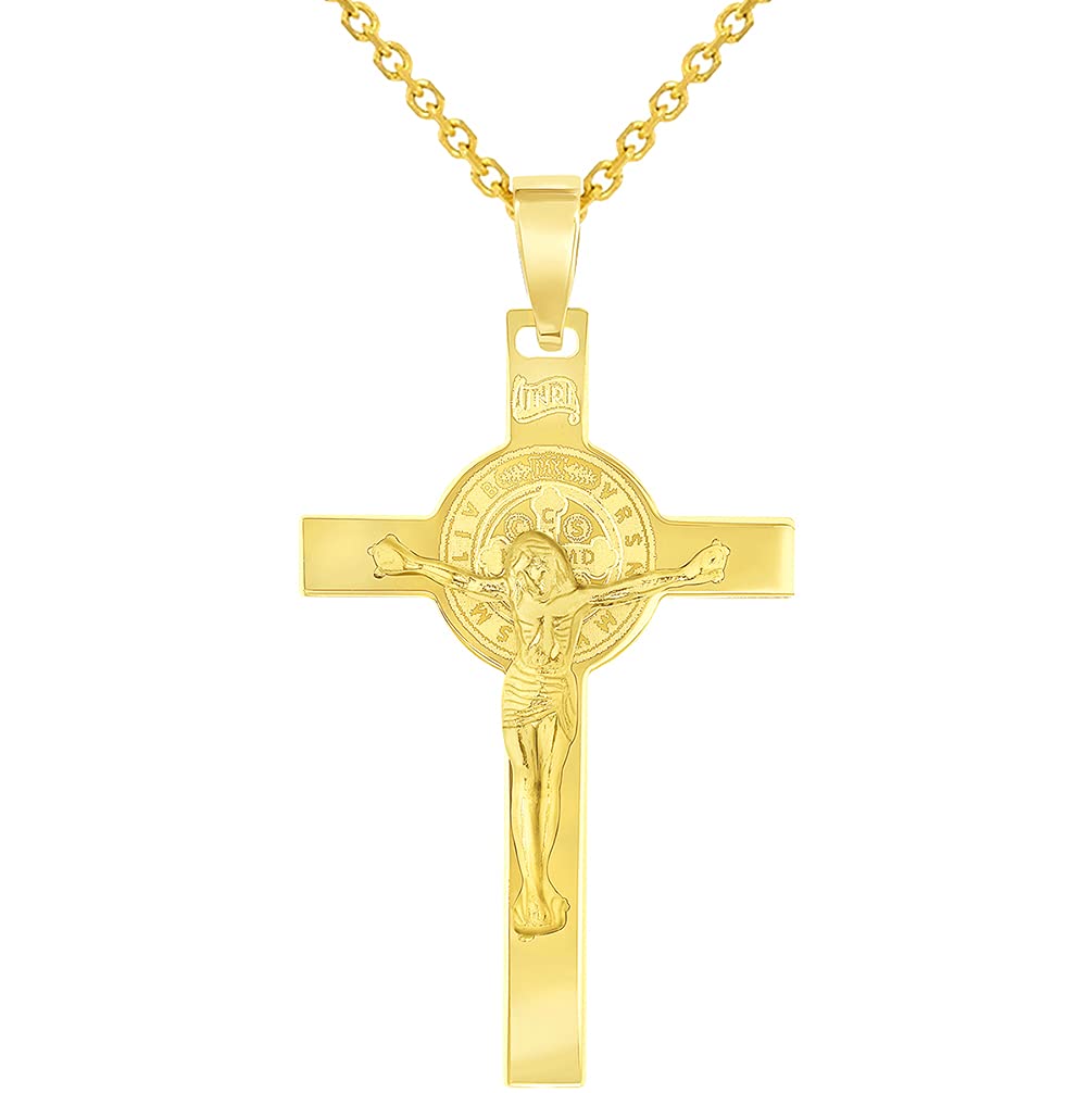 Jewelry America Solid 14k Yellow Gold St. Benedict Crucifix INRI Jesus Cross Pendant Necklace, 18"