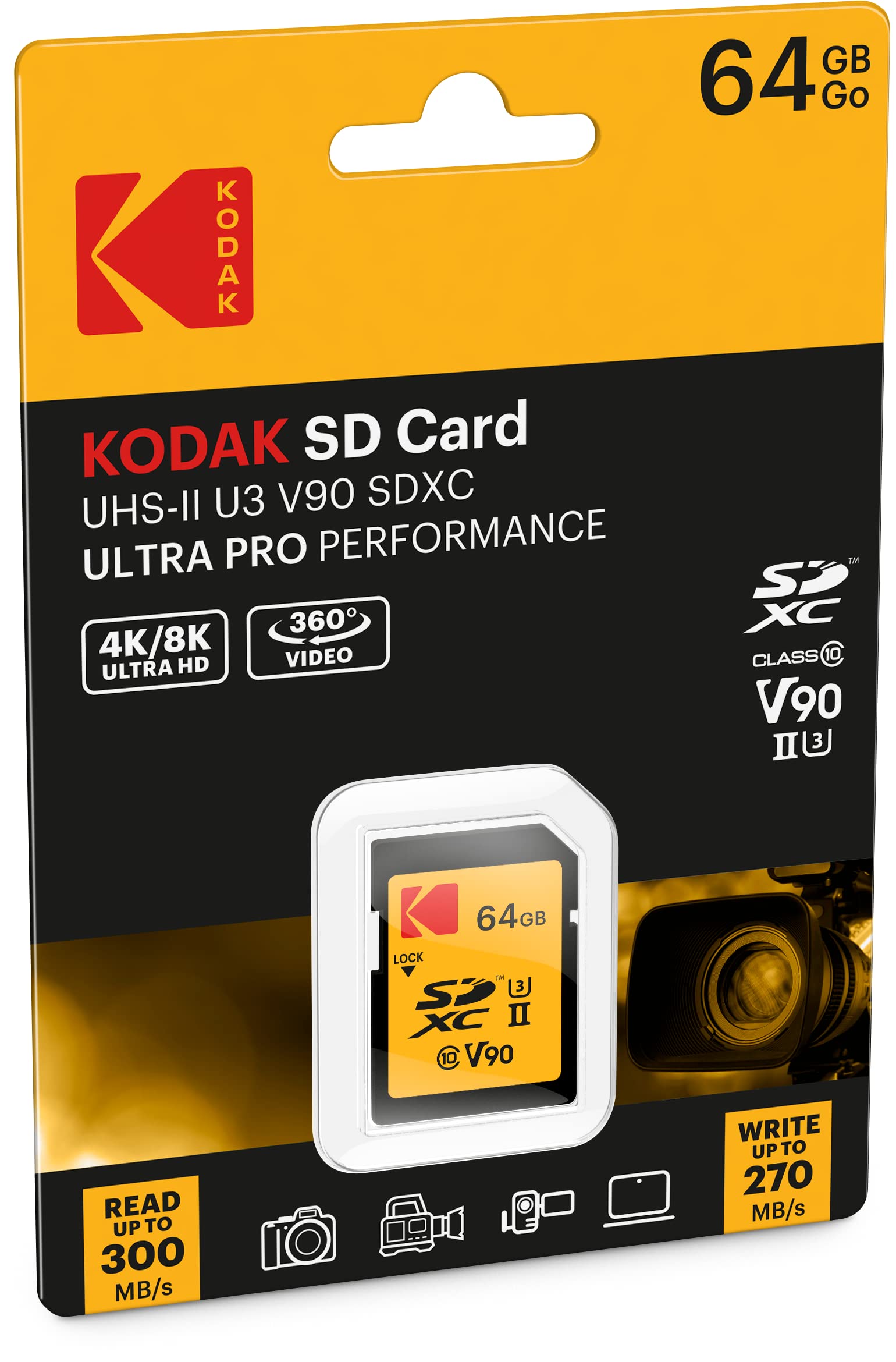 Kodak 64GB UHS-II U3 V90 Ultra Pro SDXC Memory Card - Up to 300MB/s Read Speed and 270MB/s Write Speed