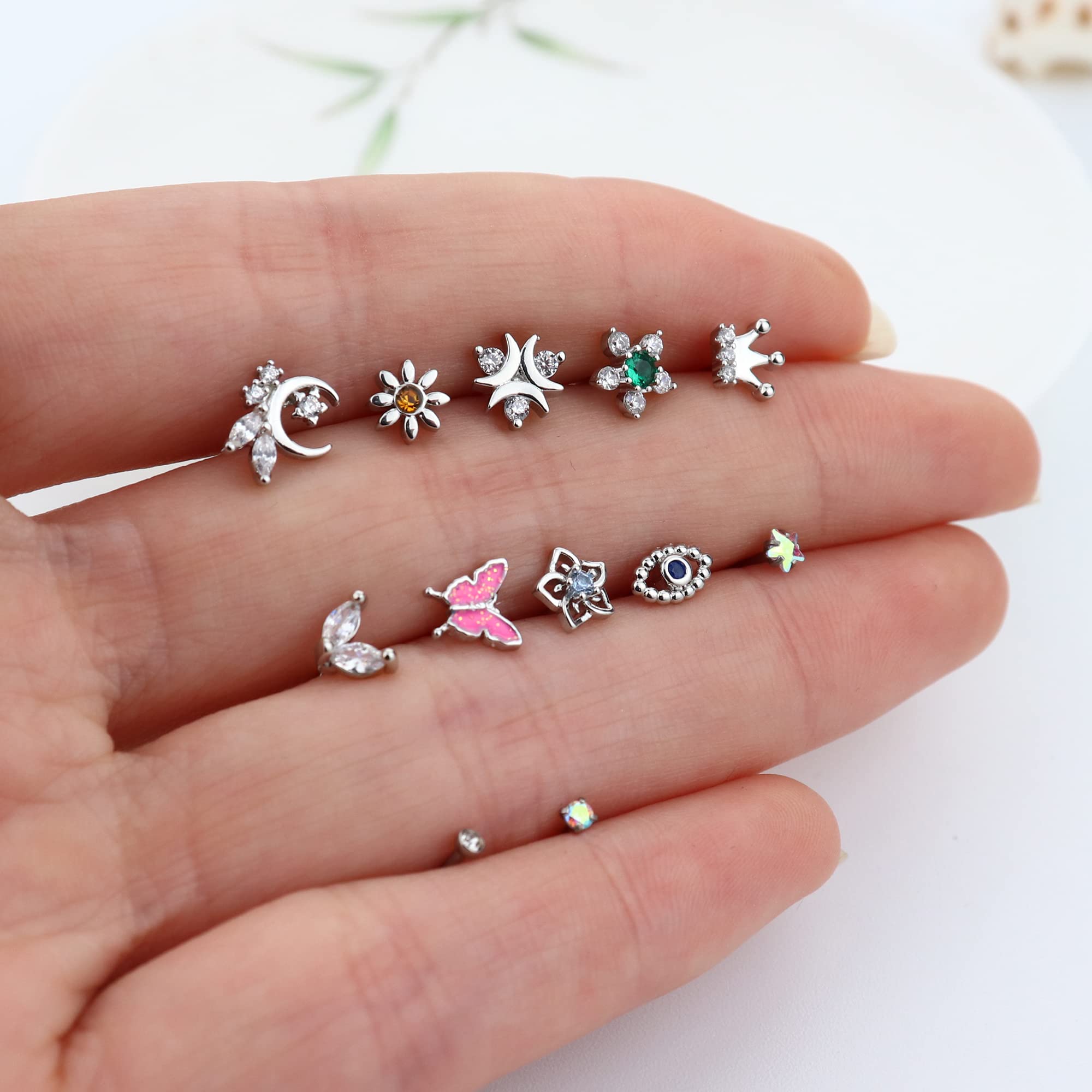 JOERICA 12 Pcs 20G Nose Ring Stud 316L Stainless Steel L Bone Shaped Nose Studs Butterfly Evil Eye Flower CZ Nose Stud for Women Men Nose Piercing Jewelry