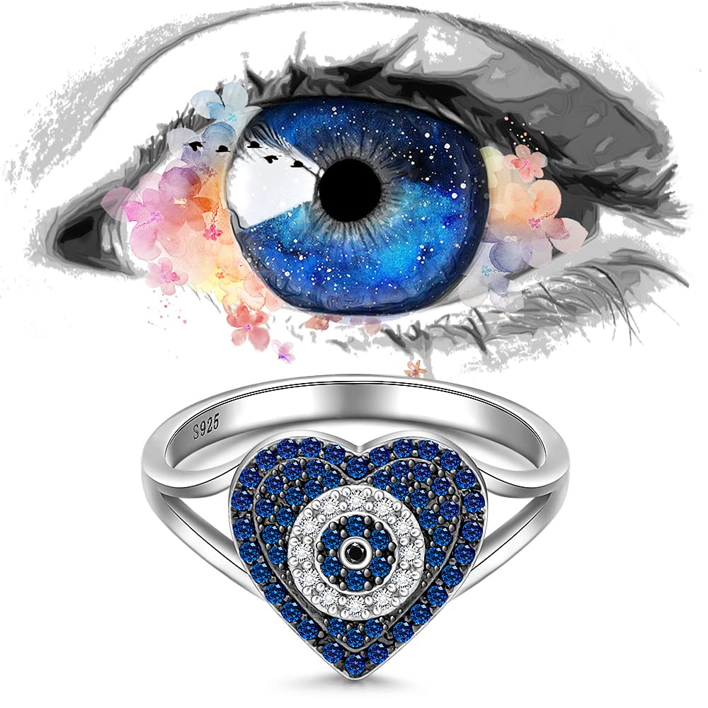 LOVGIFSET Evil Eye Ring Sterling Silver Turkish Evil Eye Rings for Women Blue Eyes Sapphire Protection Mal De Ojo Nazar Jewelry Size 7