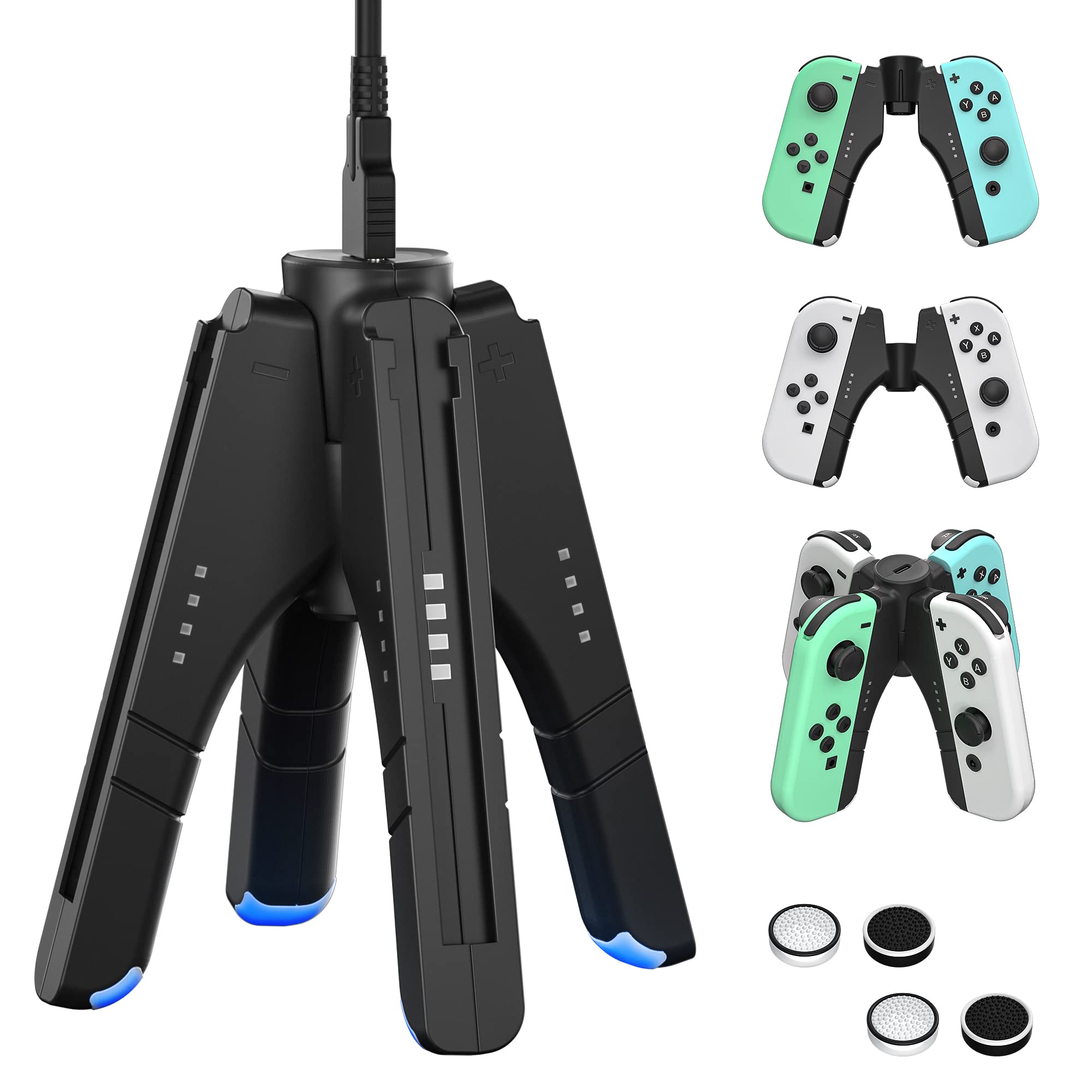 Narati Joycon Charging Grip for Nintendo Switch OLED, 4 in 1 Controller Charging Dock Station, 2 Portable V-Shaped Charger Grip with LED and 3rd Party JoyPad with Type C Cable & 4 Thumb Grip Caps