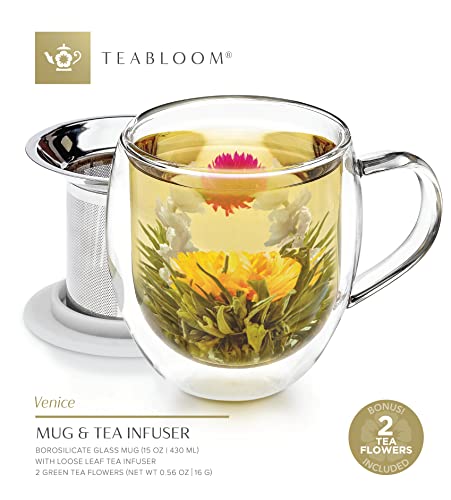 Teabloom Double-Wall Heatproof Glass Mug with Stainless Steel Infuser and White Lid β 15 OZ / 430 ML β 2 Blooming Teas Included