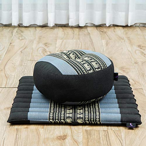 Leewadee Meditation Cushion Set β 1 Small Zafu Yoga Pillow and 1 Small Roll-Up Zabuton Mat Filled with Kapok, Blue
