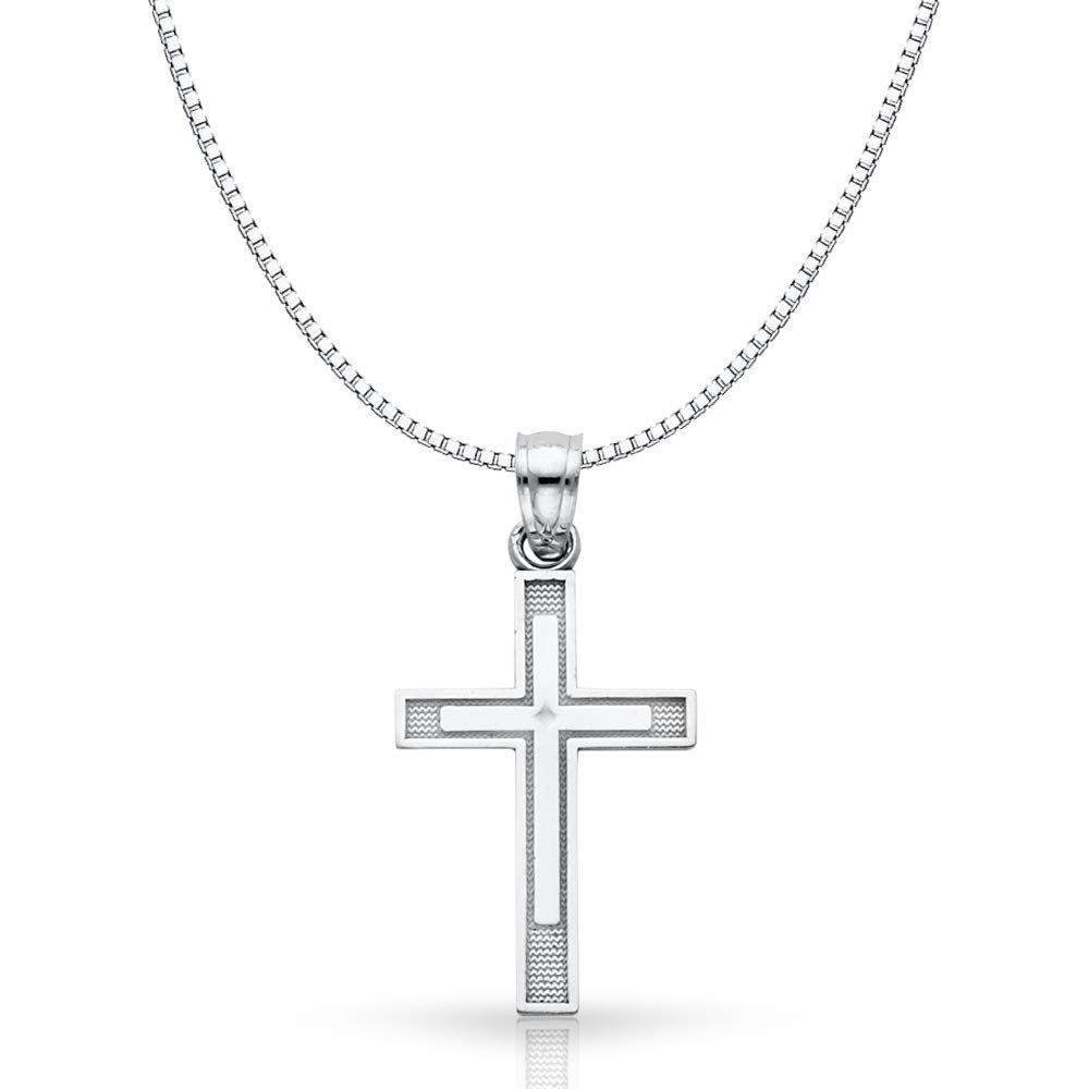 Ioka 14K White Gold Cross Religious Charm Pendant with 0.8mm Box Chain Necklace - 24"