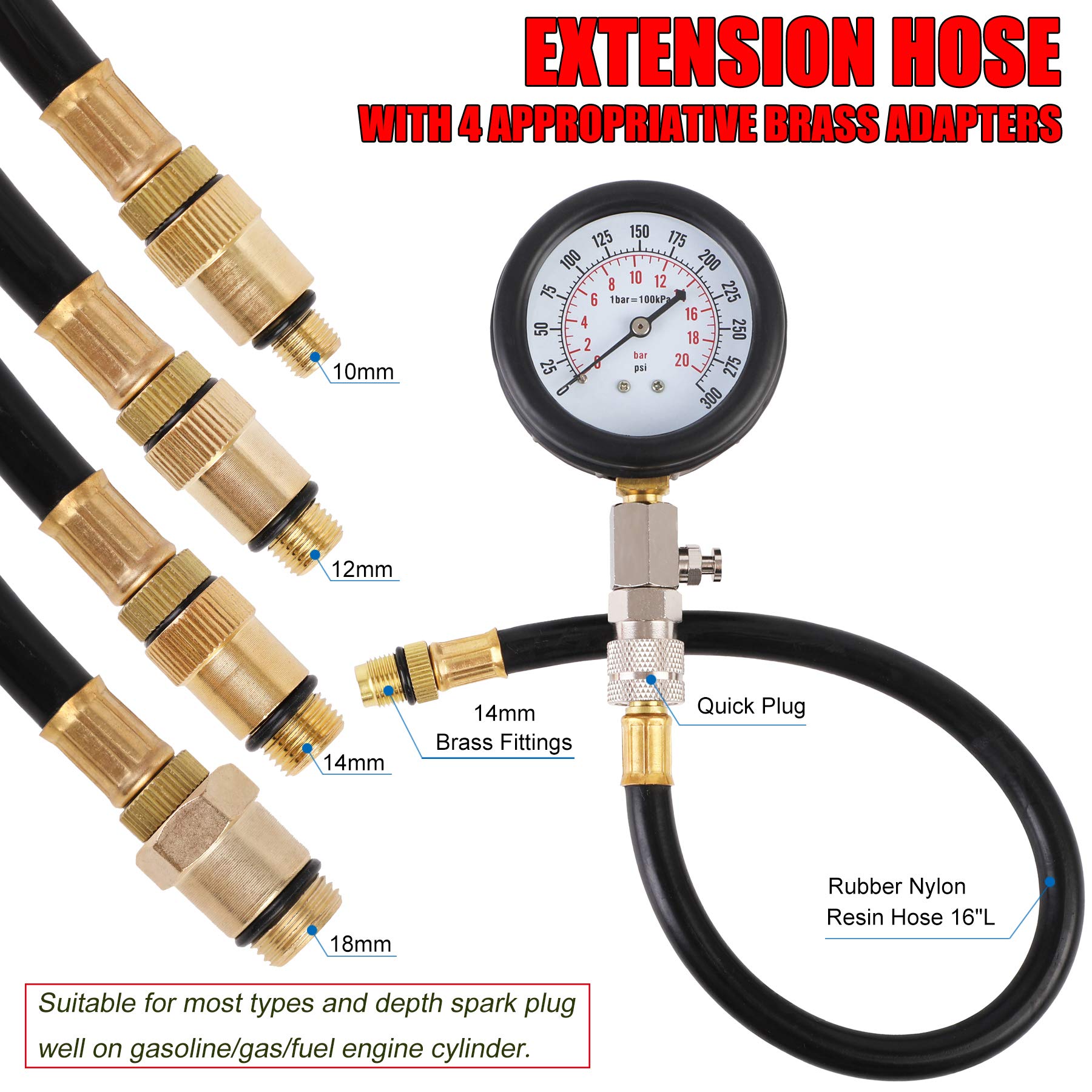 JIFETOR Compression Tester Kit, Small Engine Cylinder Test Pressure Gauge Tool Set for Testing Motorcycle Car Automobile Outboard Motor Chainsaw Snowmobile Auto Gasoline Petrol Gas Engine, 300PSI