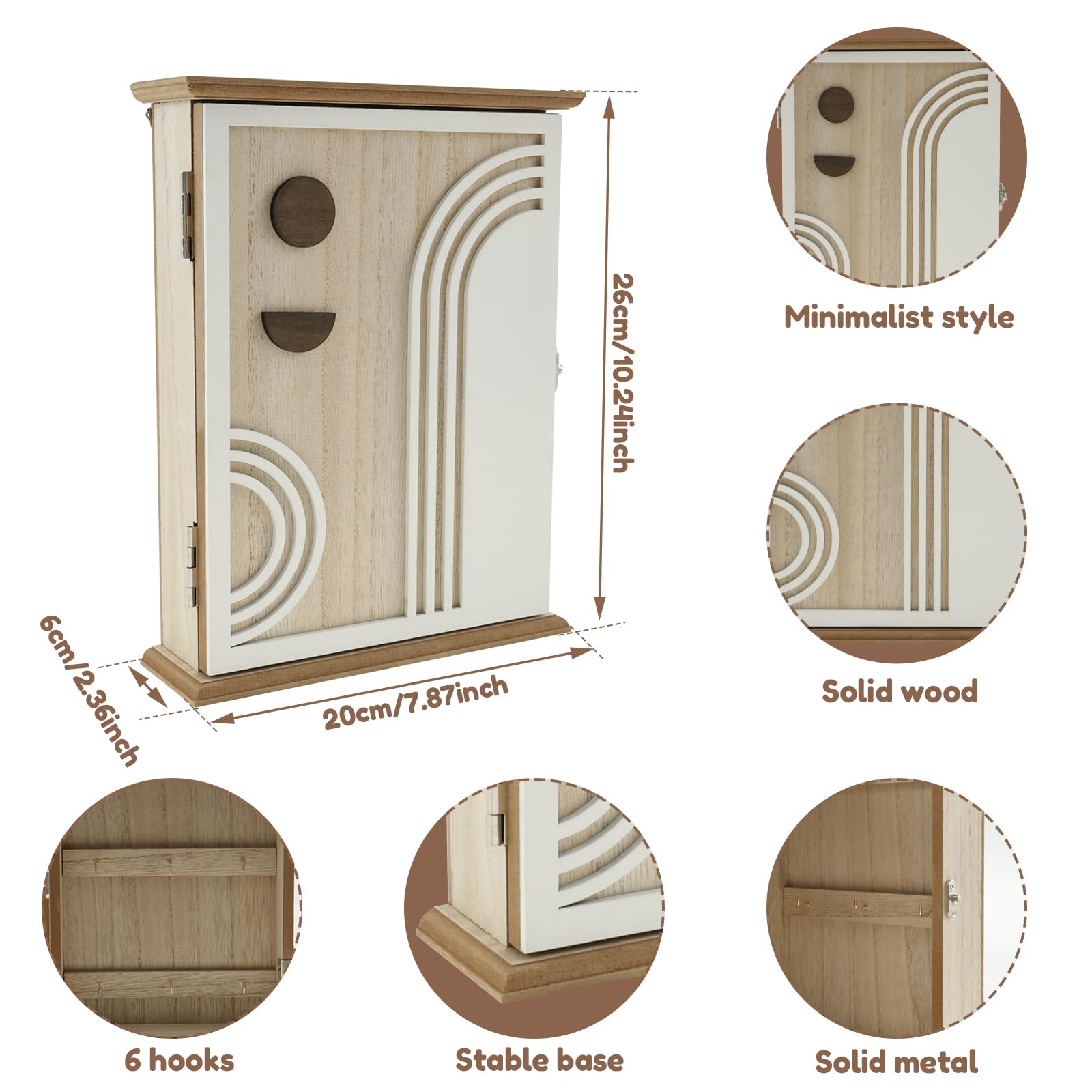 Wooden Key Box Wall Mount,Rustic Key Box Decorative Key Cabinet with 6 Key Hooks,Wall Mounted Wooden Key Holder Storage Box Cabinet for Hanging Keys,Home,Office,Entrance,Hallway,10.2" × 7.8" × 2.3"
