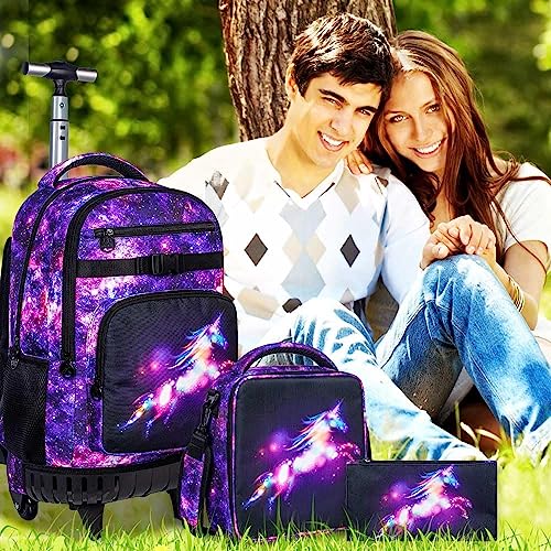 UFNDC 3PCS Rolling Backpack for Women, Adults Unicorn Backpacks with Wheels for Girls,Travel Roller Wheeled Bookbag