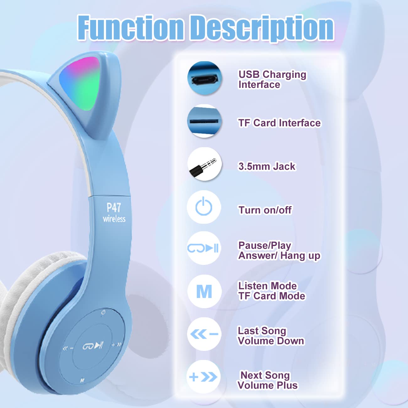Joso Cat Ear Headphone, Kids Headphones with Mic&LED Light Up Cat, 85dB Safe Volume Limited, Foldable Kitty Headpones for Online Learning, School, Travel, Tablet, Smartphone - Support 3.5mm Audio