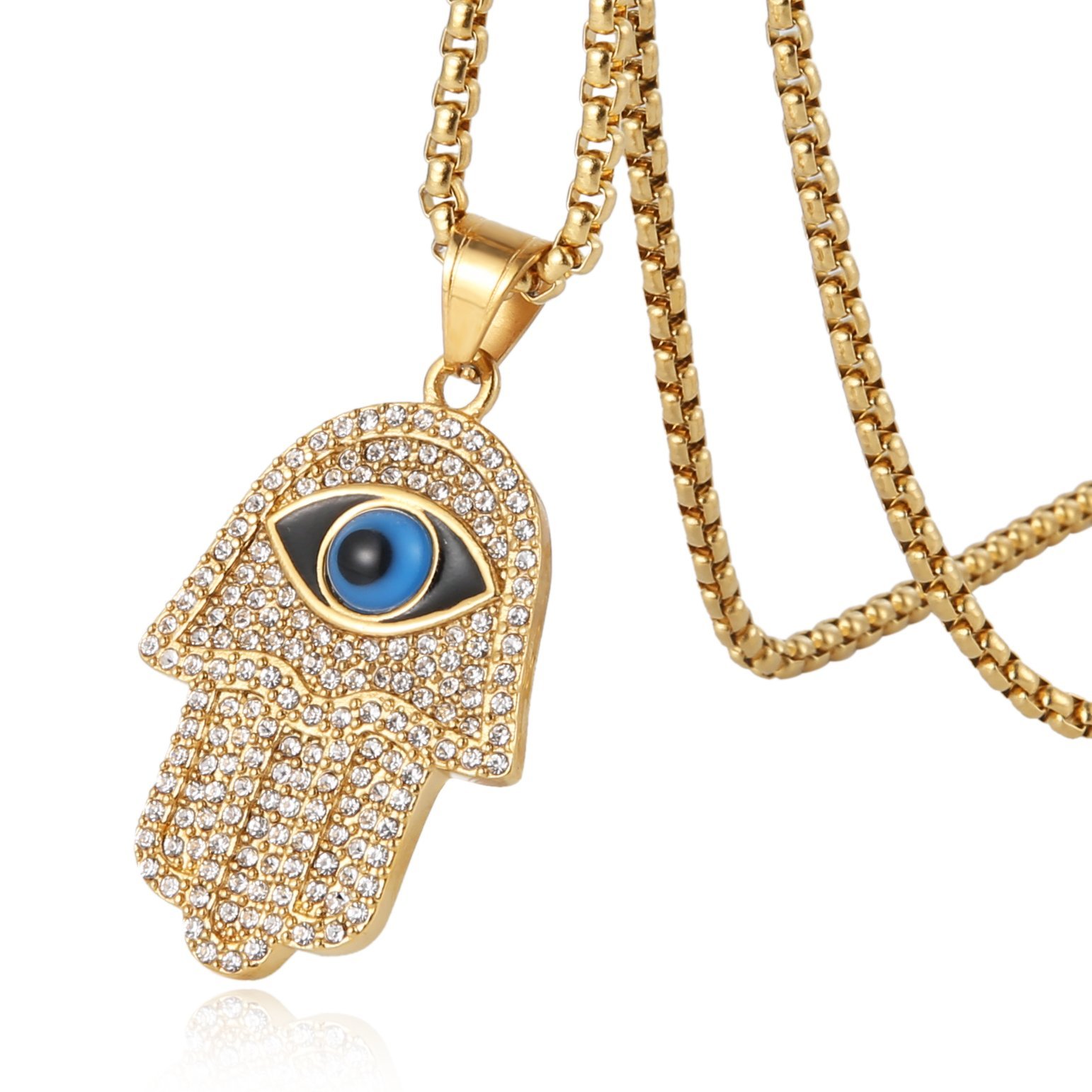 HZMAN 18k Gold Plated Iced Out CZ Stainless Steel Blue Evil Eye Beads Fatima Hamsa Hand Pendant Necklace (Gold)