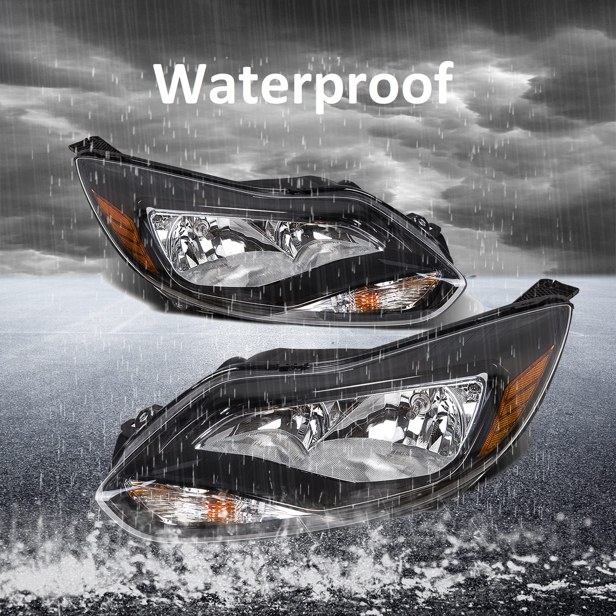 JMTAAT New Pair Amber Headlights Compatible with 2012-2014 Ford Focus Driver Left+Passenger Right Headlamps w/Bulbs Replacement For FO2503299 FO2503298