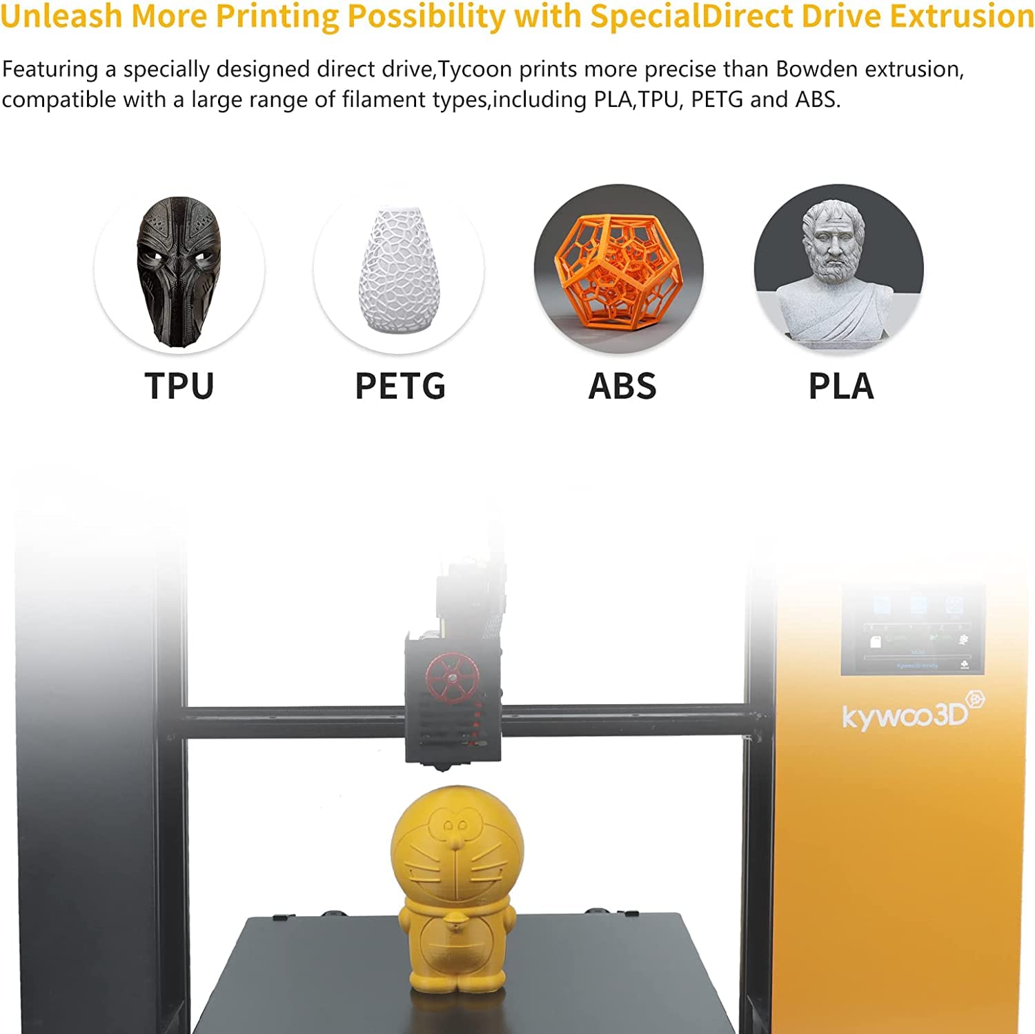 Kywoo Tycoon Max 3D Printer, 300x300x230 mm Print Size, with Auto Leveling, Direct Drive Extruder, Touch Screen, Dual Y-Axis Z-Axis with Resume Printing Function, 32-bit Motherboard Ultra-Quiet