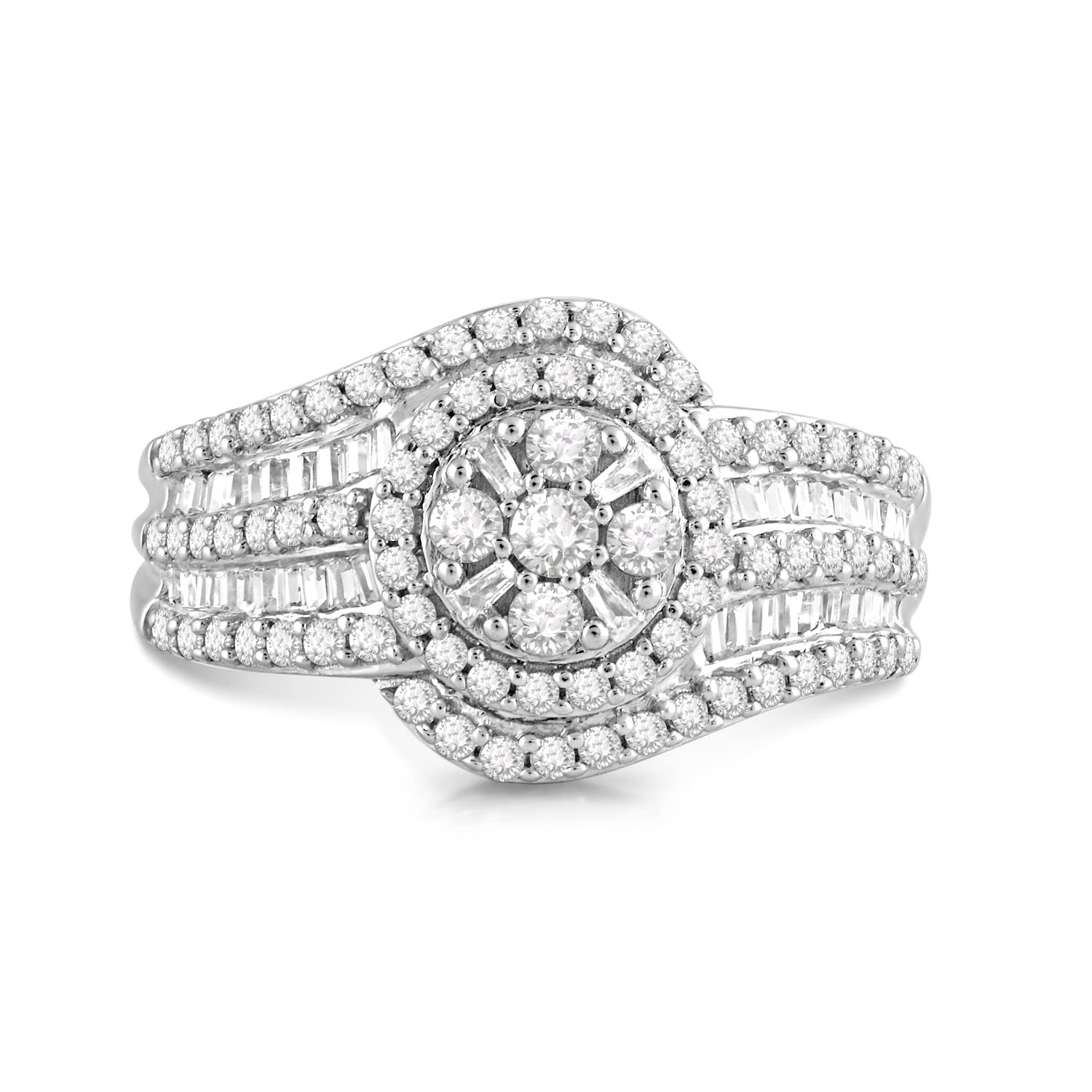 Jewelili 10K White Gold 1 Cttw Natural White Round and Baguette Diamonds Cluster Ring, Size 7
