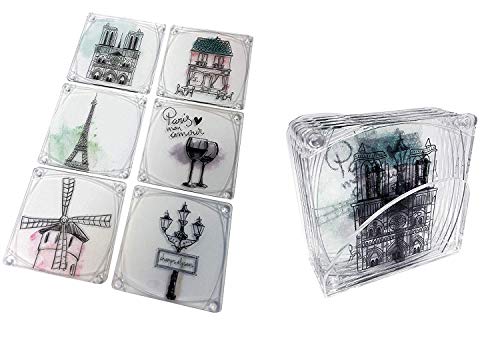 Idea Design Studio Acrylic Coasters with Paris Design with Clear Acrylic Holder (Set of 6)