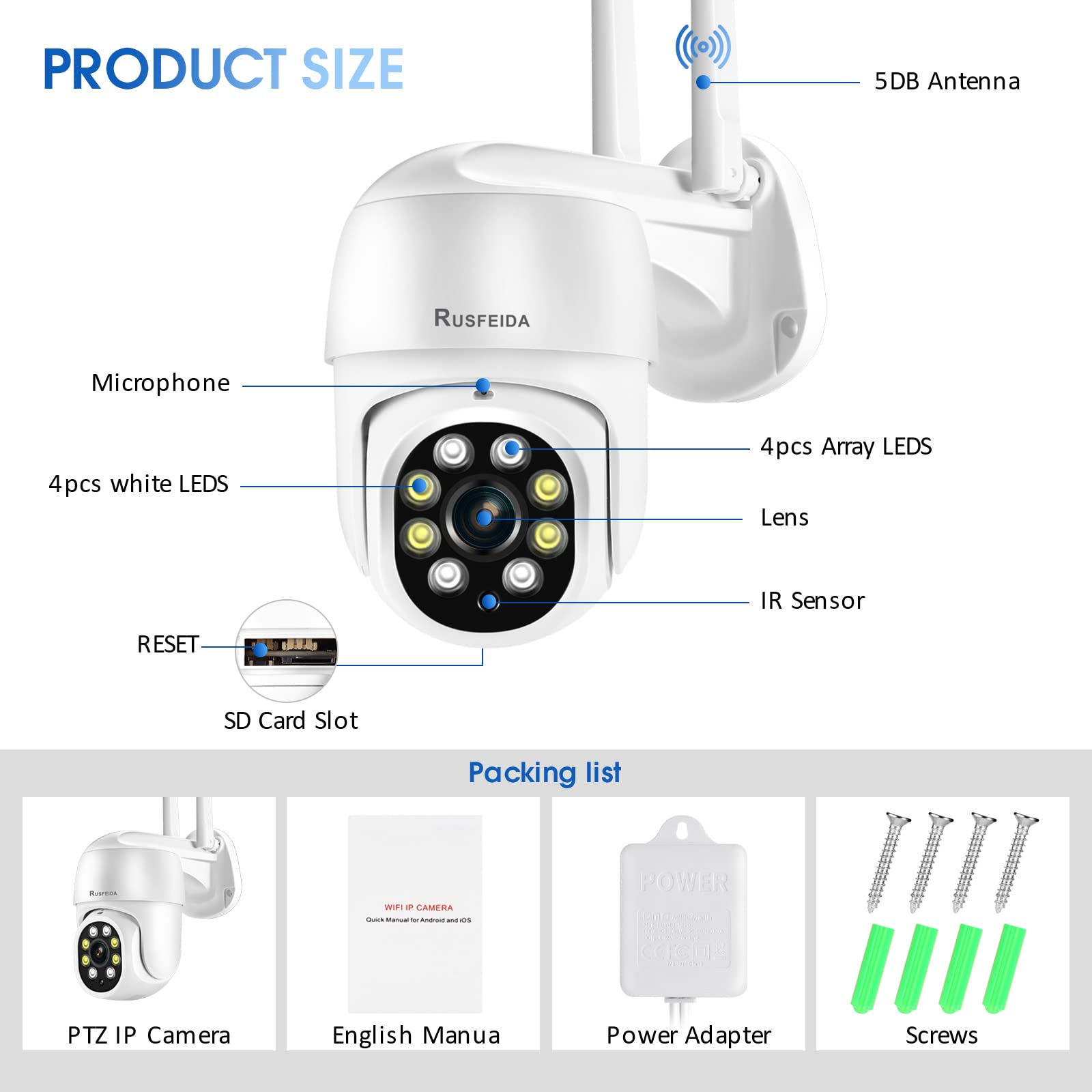RUSFEIDA 2K 3MP Security Camera Outdoor, Cameras for Home Security Outside Outdoor PTZ Wireless WiFi 2.4G, IP66 Waterproof, Color Night Vision, 2-Way Talk, Auto Tracking, Siren Alarm