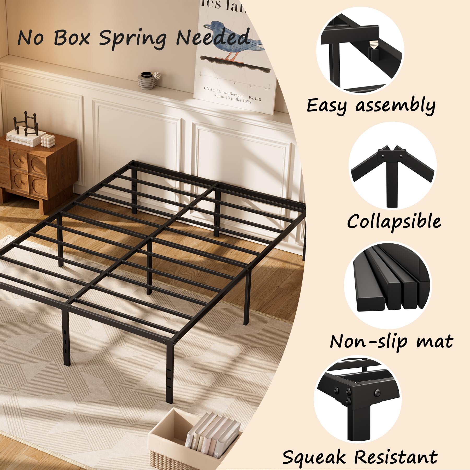 Jebosam 18 inch High Bed Frame Full Size Heavy Duty Platform Steel Support 2500 lbs Full Size Bed Frame No Box Spring Needed Non-Slip Noise Free Easy to Assembly Black Metal Bed Frame Full